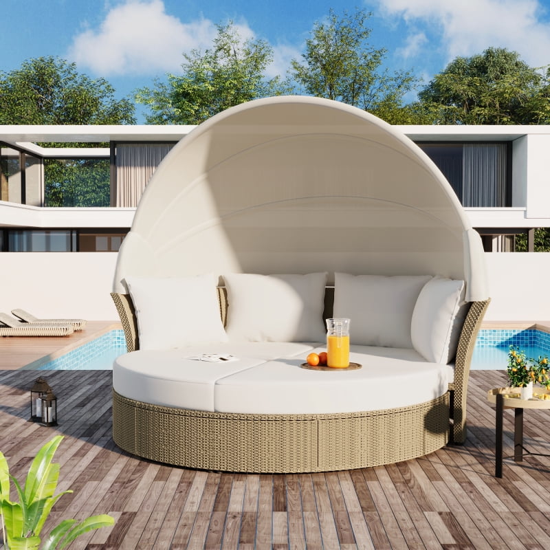 Outdoor Patio Daybed Wicker Rattan Double Daybed Round Sofa Furniture ...