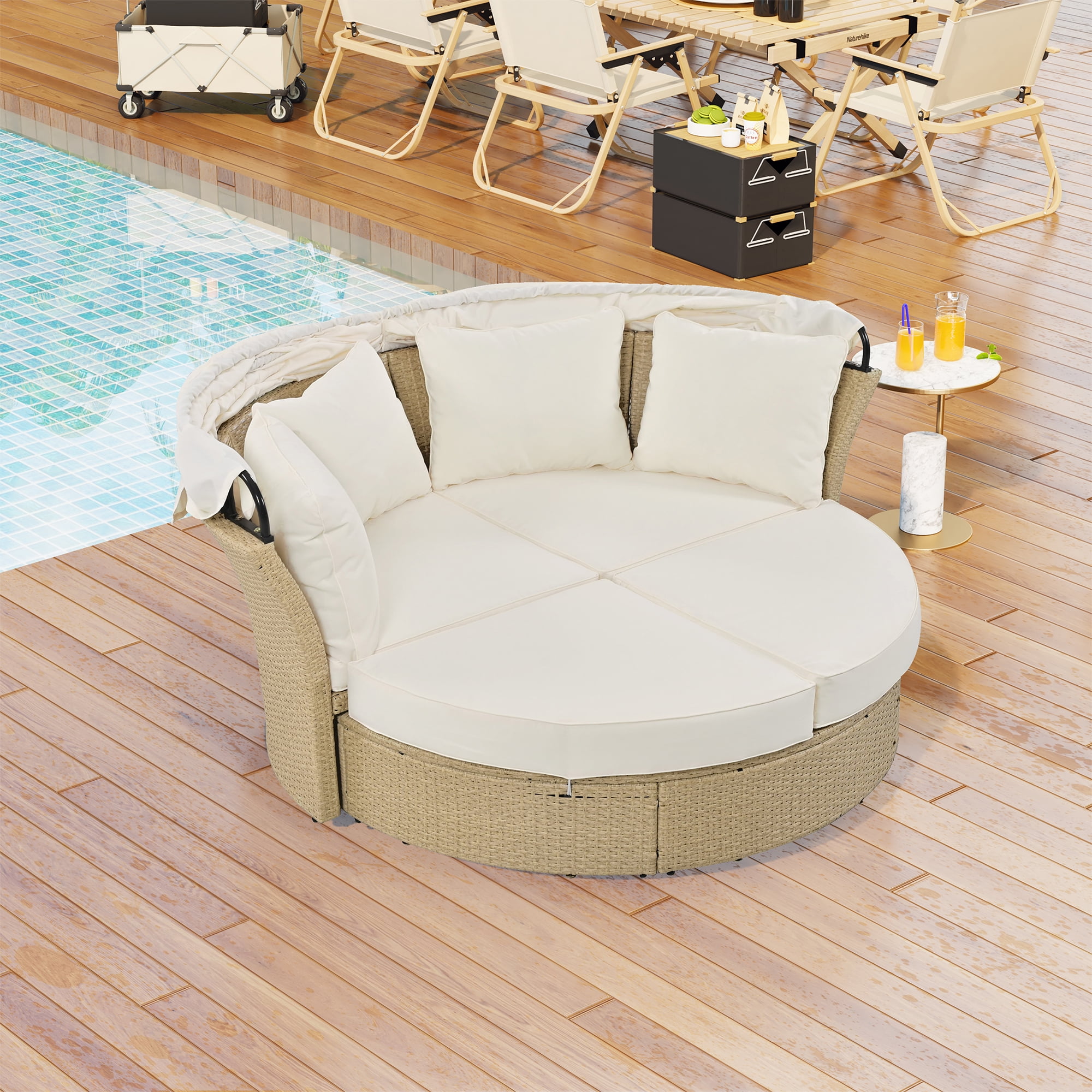 Outdoor Patio Daybed, Wicker Rattan Double Sunbed with Retractable ...