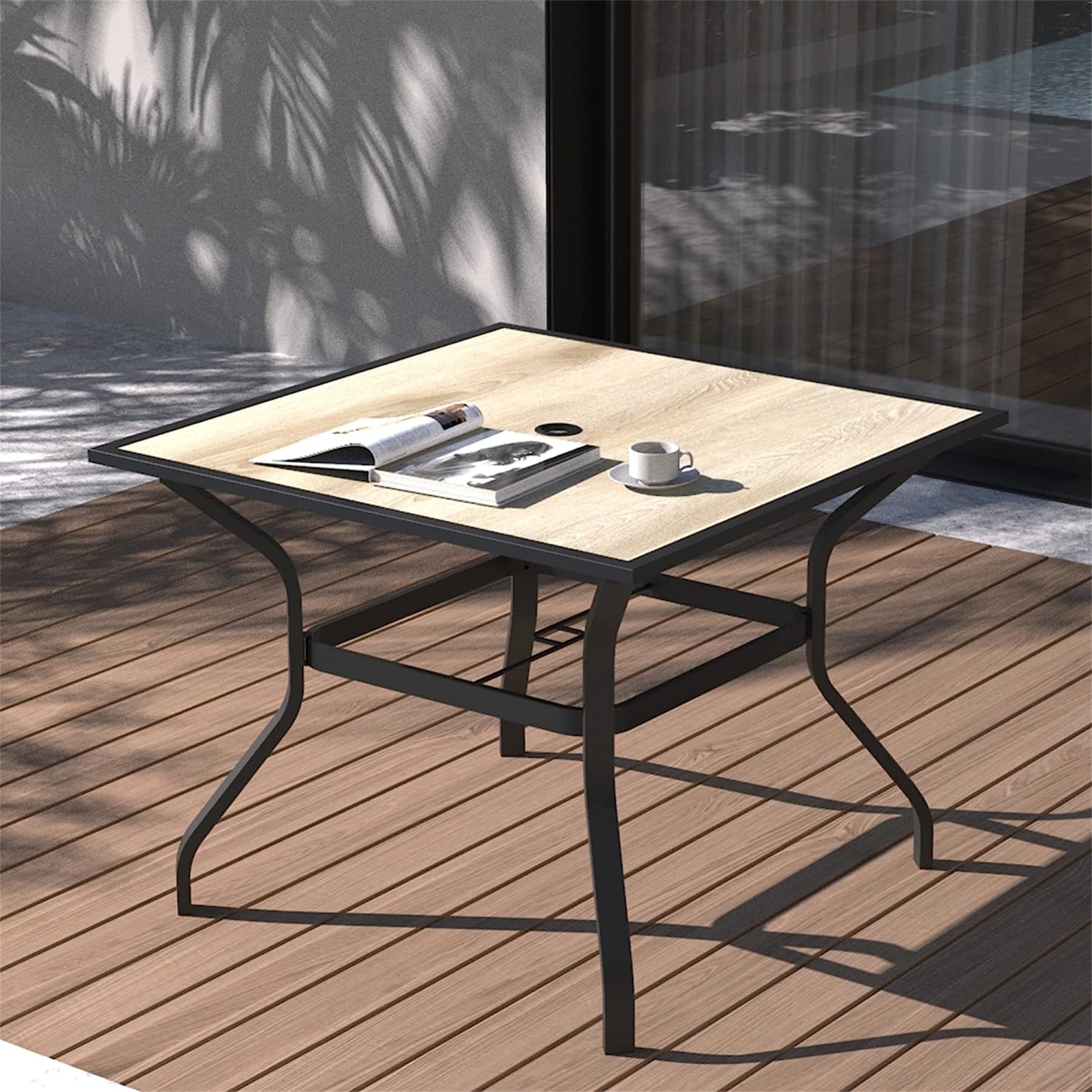 Outdoor Patio Dining Table Square Metal Table with Umbrella Hole and ...