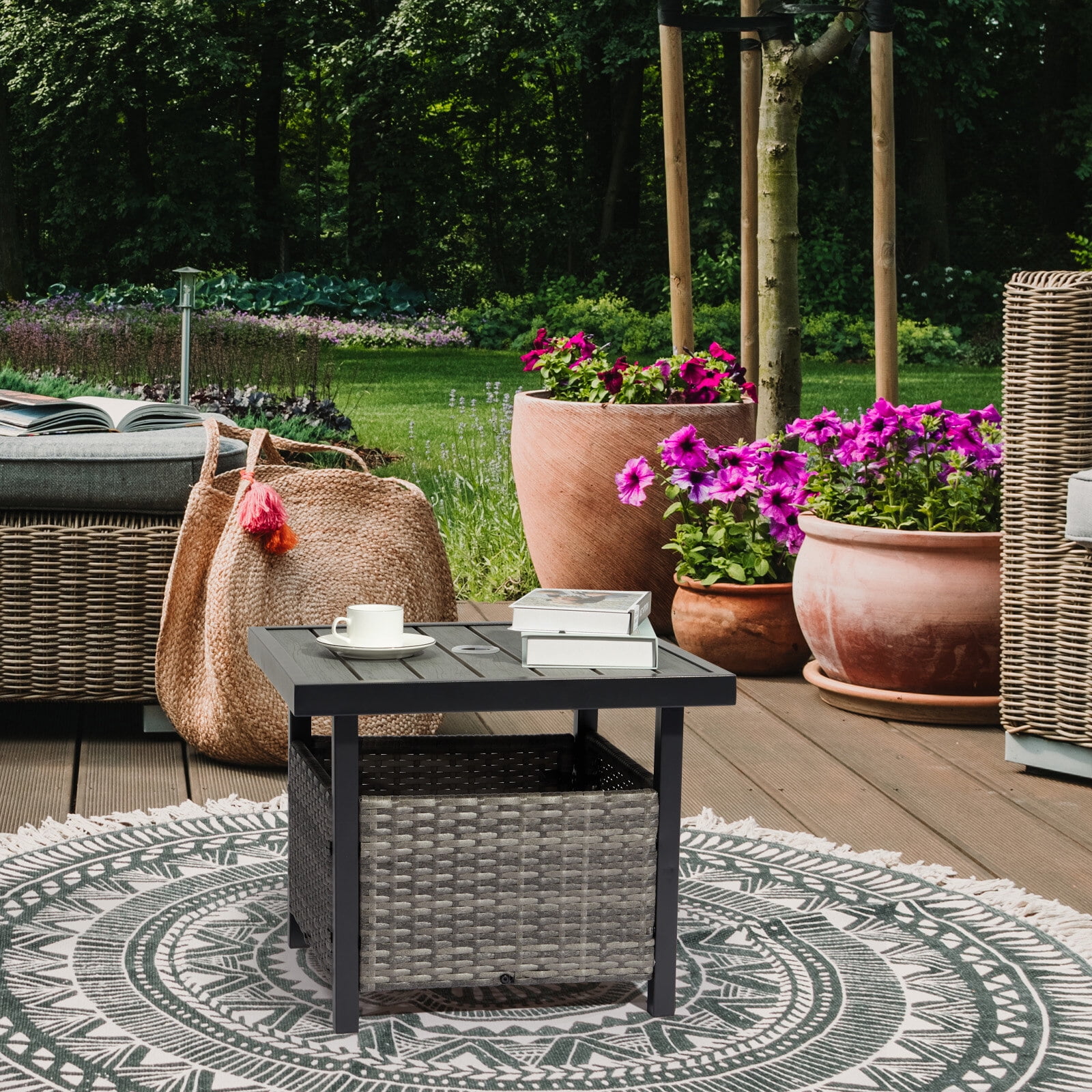 Outdoor Patio End Table with 1.57 inch Umbrella Hole, Square PE Rattan ...