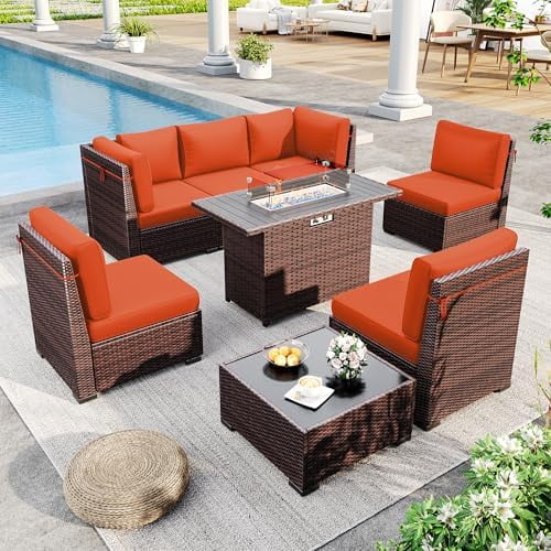 Outdoor Patio Furniture Set with 44" Fire Pit Table 8 Pieces Rattan ...