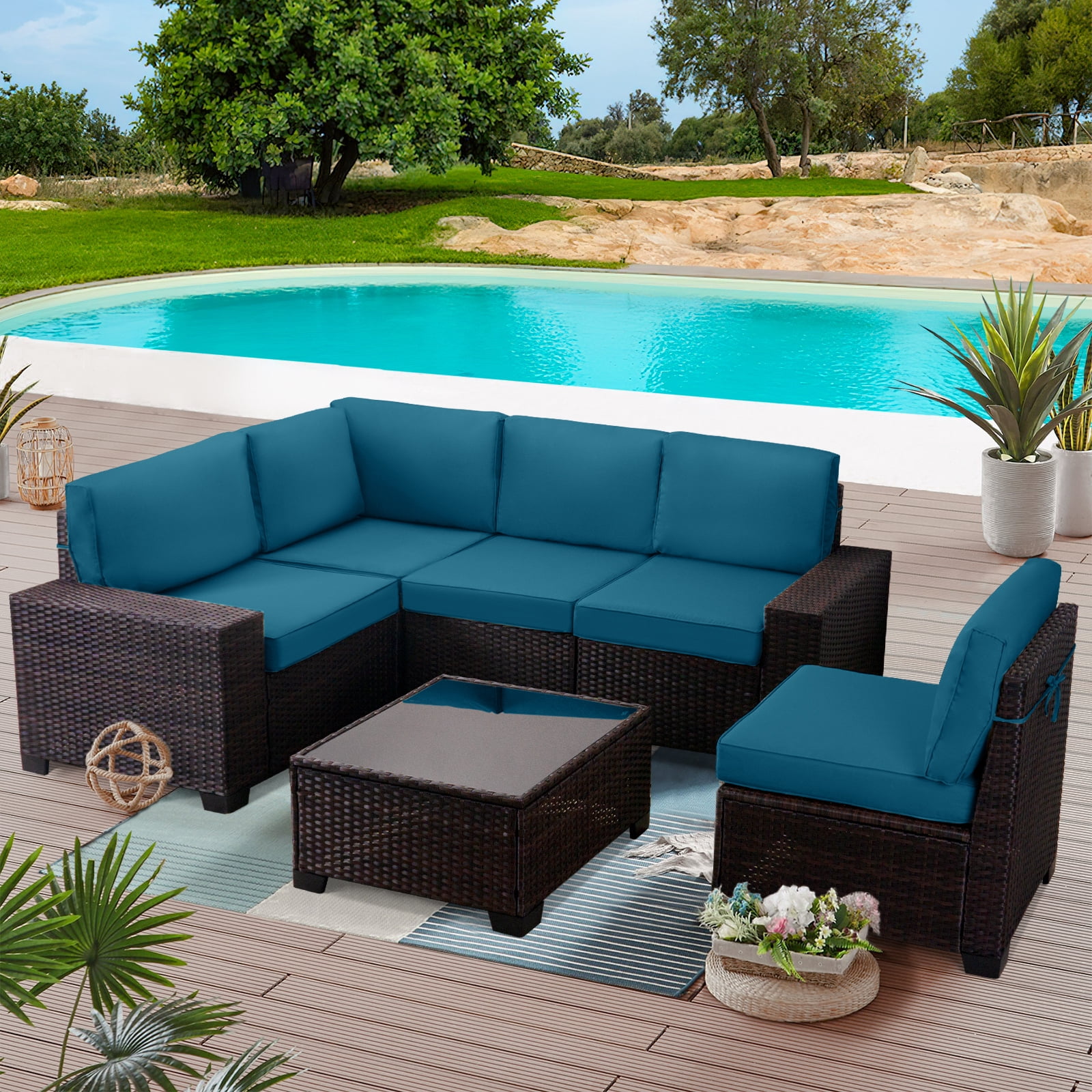 Outdoor Patio Furniture Set, 6 PCS Brown Wicker Patio Conversation Set ...