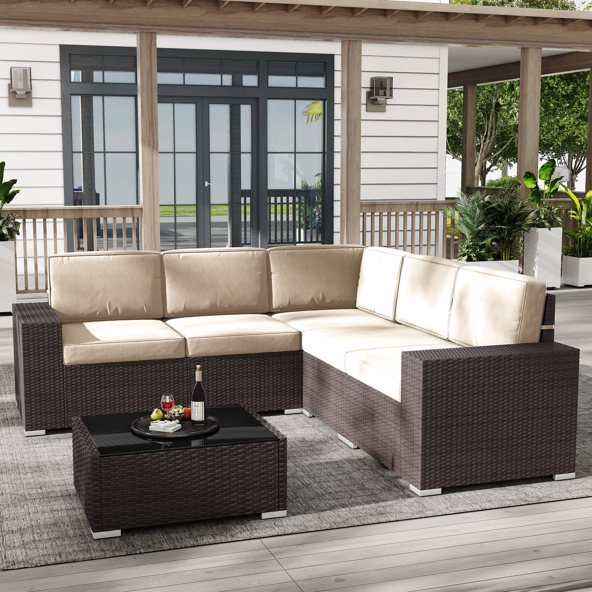 6 Pieces Outdoor Patio Furniture Set, All-Weather Rattan Sofa Set with ...