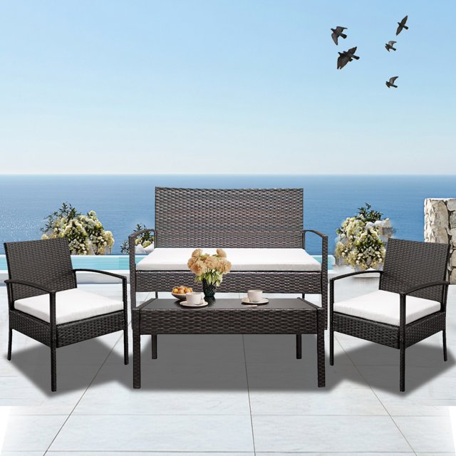 Segmart 4-Piece Patio Set, Rattan Conversation Set with Cushioned Sofa ...