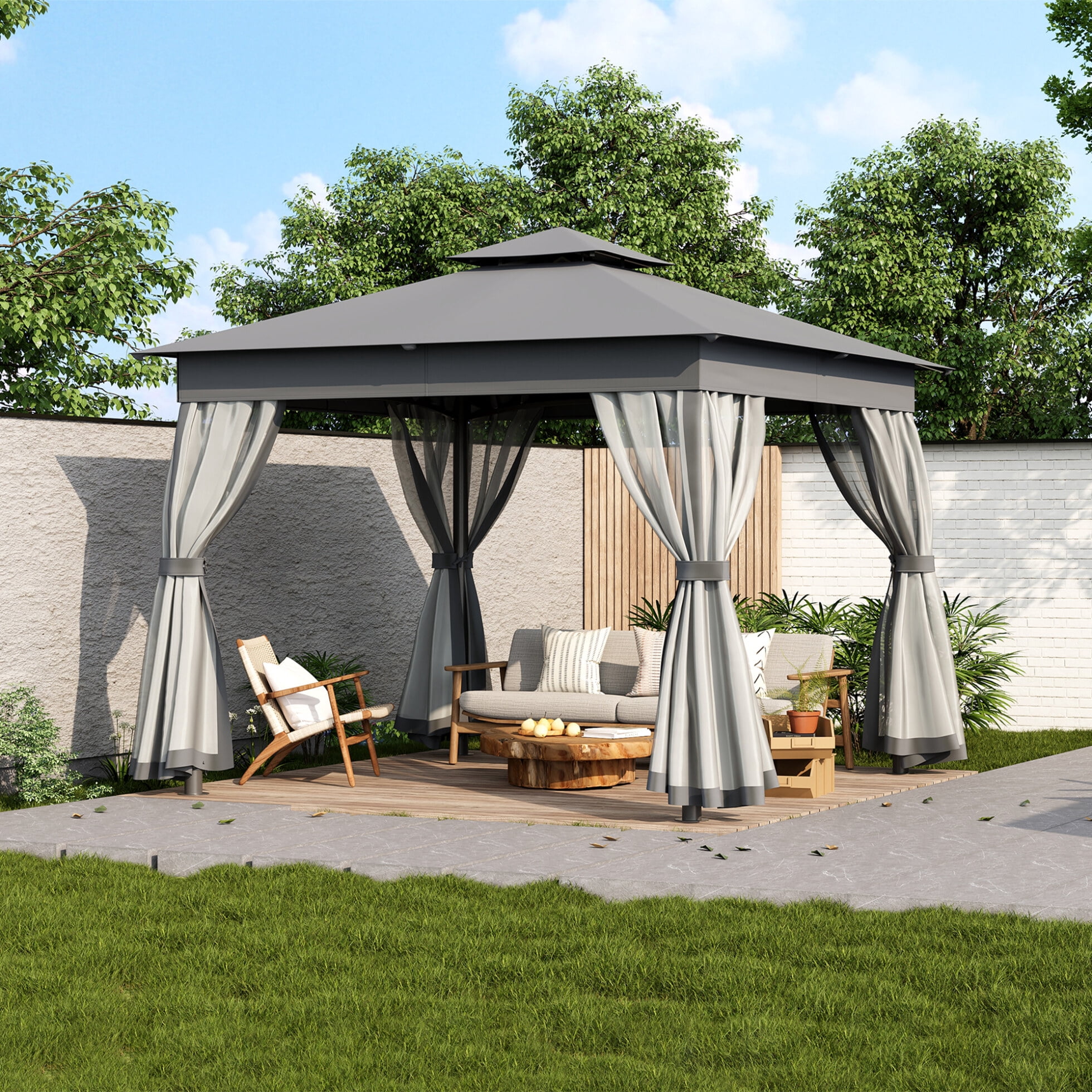 Outdoor Patio Gazebo 10’x 10’ with Double Roofs, Patio Gazebo with ...