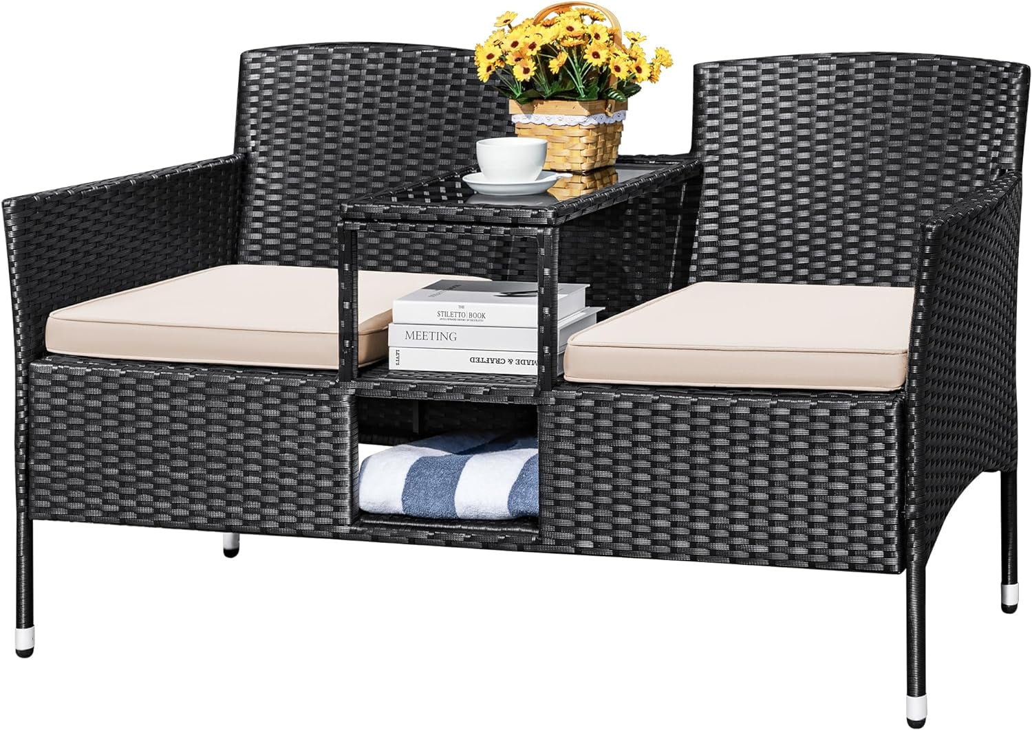 Outdoor Patio Loveseat Modern Rattan 2-Seat Patio Conversation Set with ...