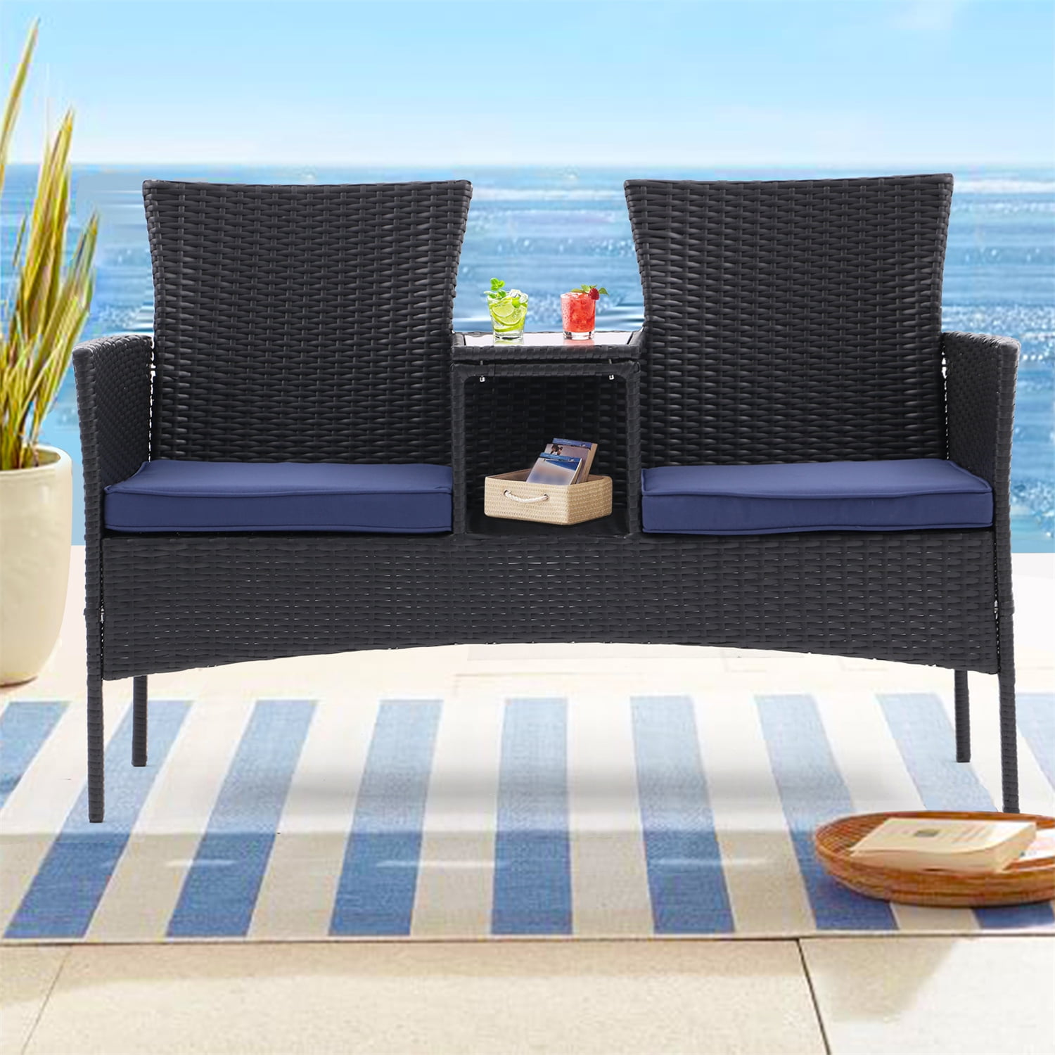 Outdoor Patio Loveseat Modern Rattan 2-Seat Patio Conversation Set with ...