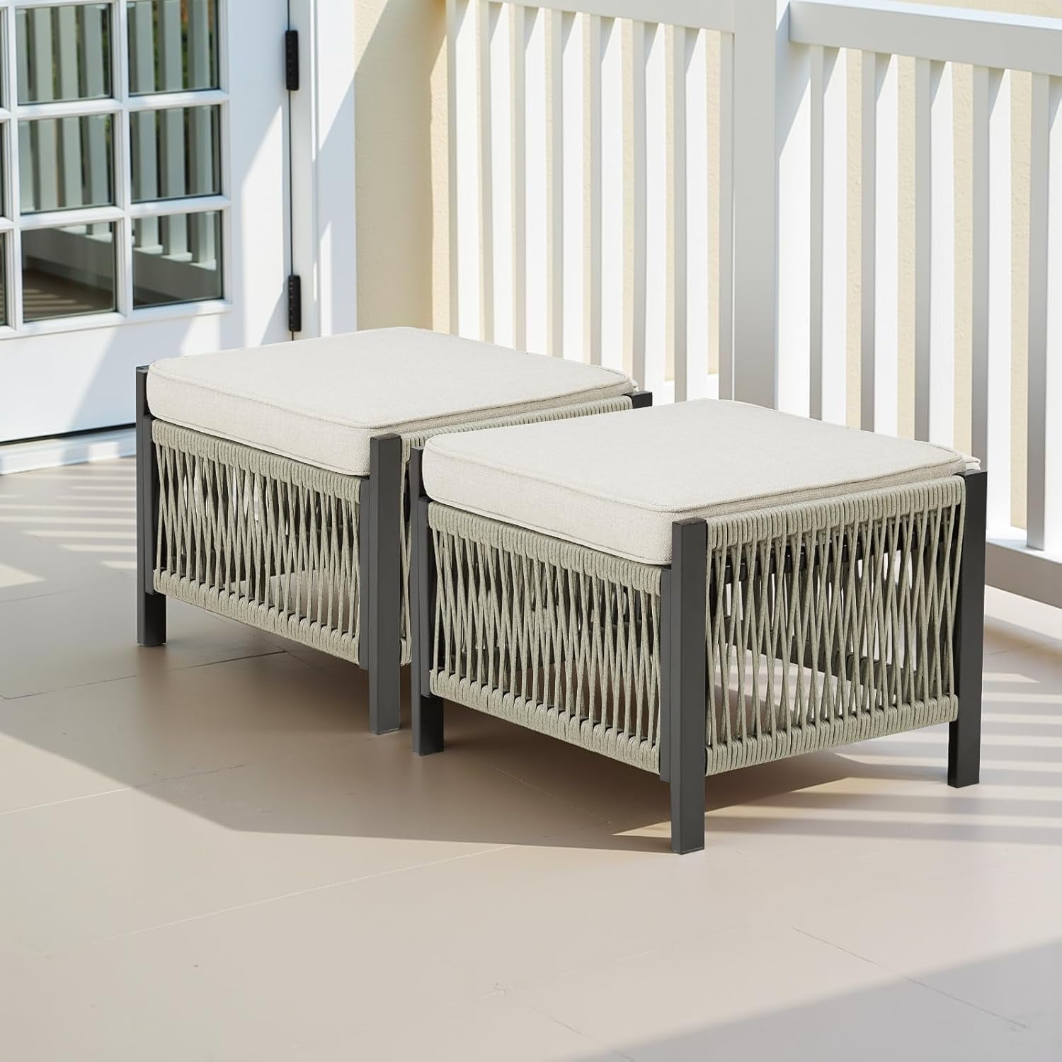 Outdoor Patio Ottoman Set of 2, Wicker Ottoman Seat with Comfy Cushions ...