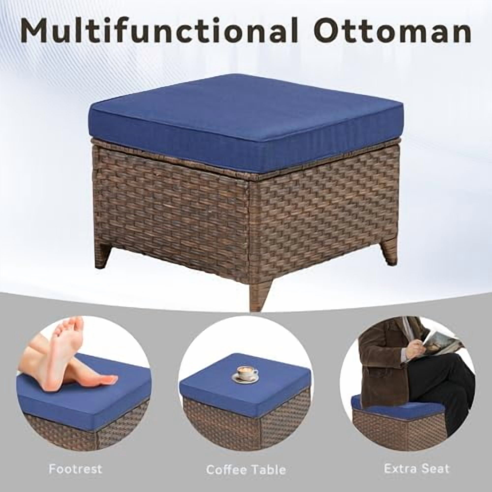 Outdoor Patio Ottoman Set of 2,Wicker Ottoman Seat with Comfy Cushions ...