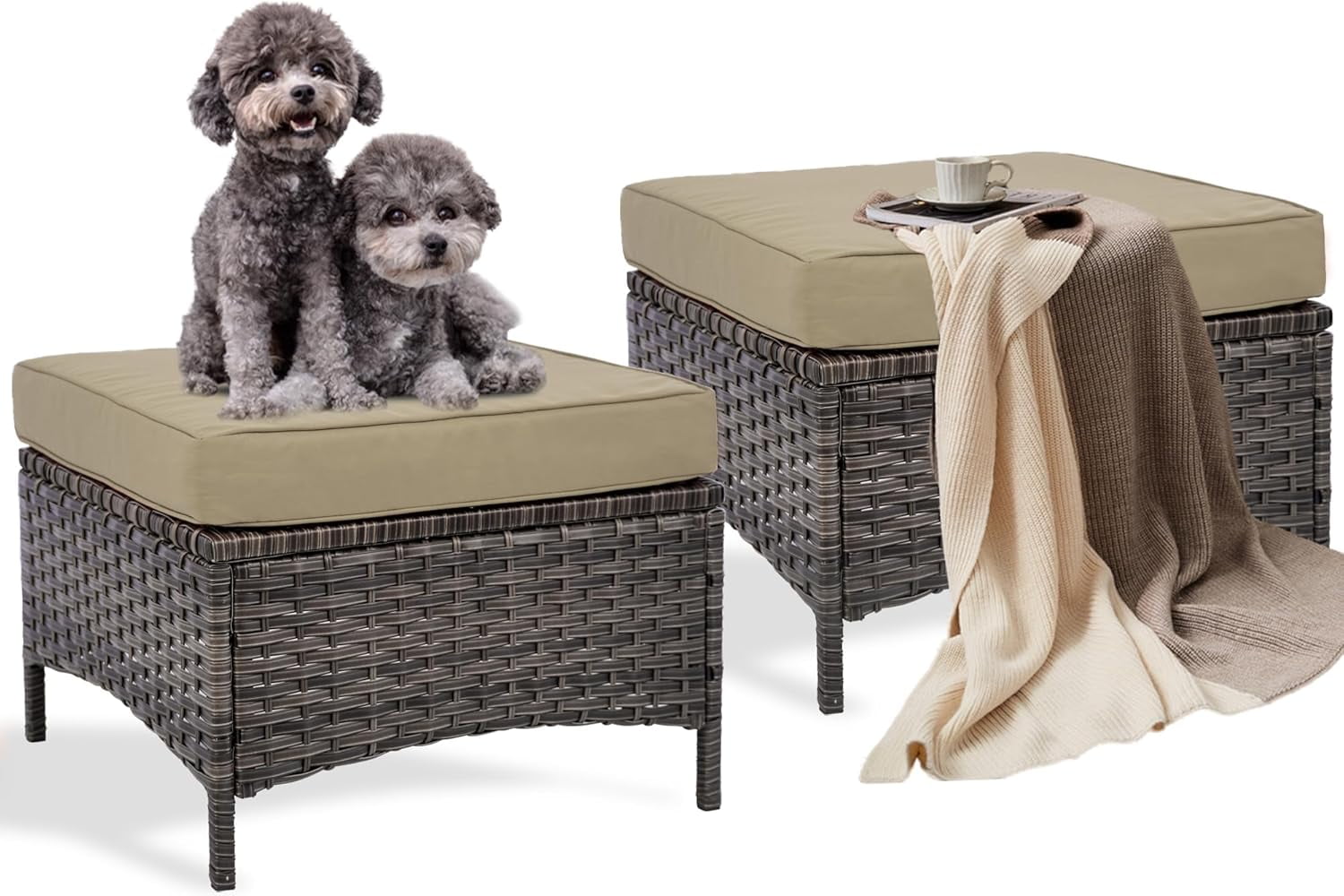 Outdoor Patio Ottomans Set of 2, Multipurpose 22" Size Luxury PE Rattan ...