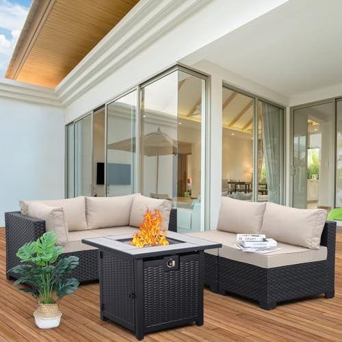 Outdoor Patio PE Wicker 5 Piece Furniture Set, Black Rattan Sectional ...