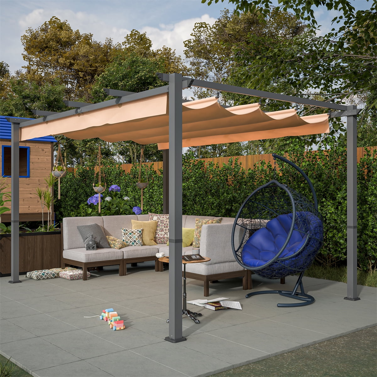 Outdoor Patio Pergola with Retractable Pergola Canopy, Aluminum ...