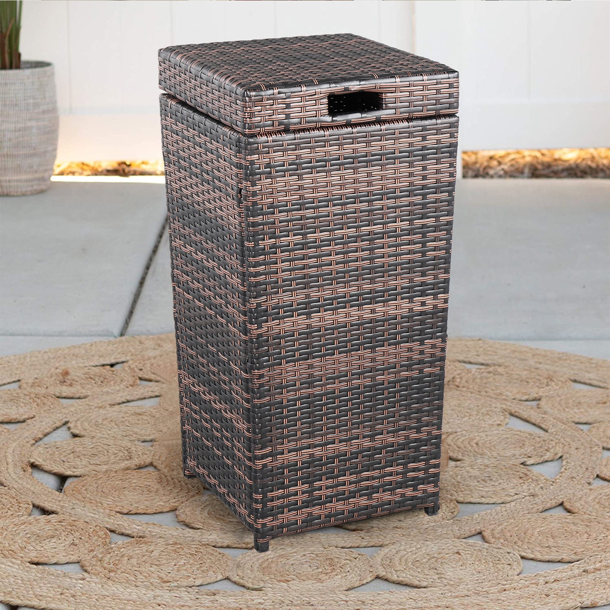 Outdoor Patio Rattan Trash Can, PE Wicker Storage Basket Garbage Can ...