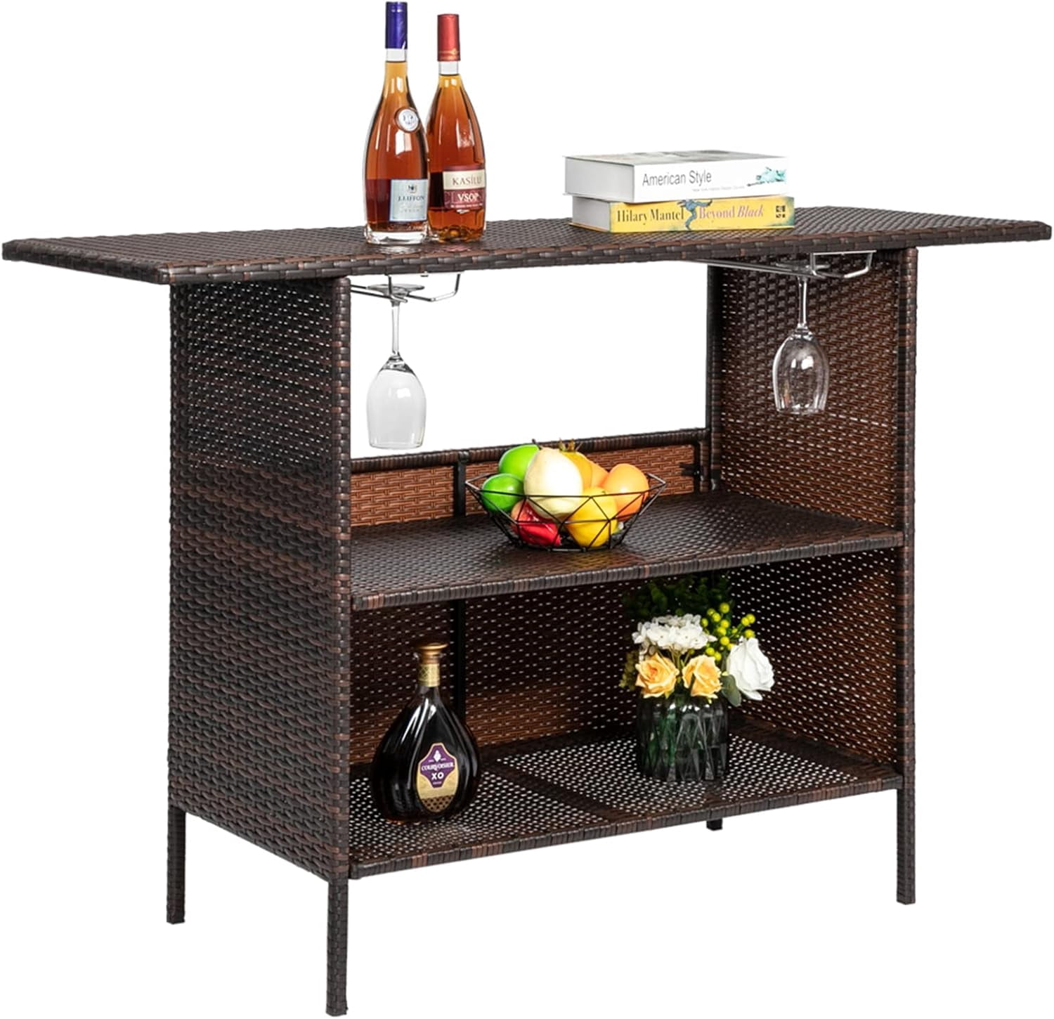 Outdoor Patio Rattan Wicker Bar Counter Table with 2 Steel Shelves ...