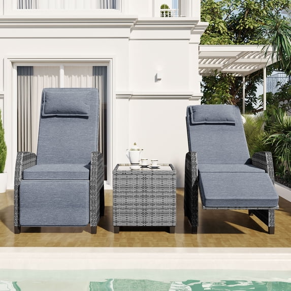 Outdoor Patio Recliner Chair Set with Coffee Table, Adjustable Rattan ...