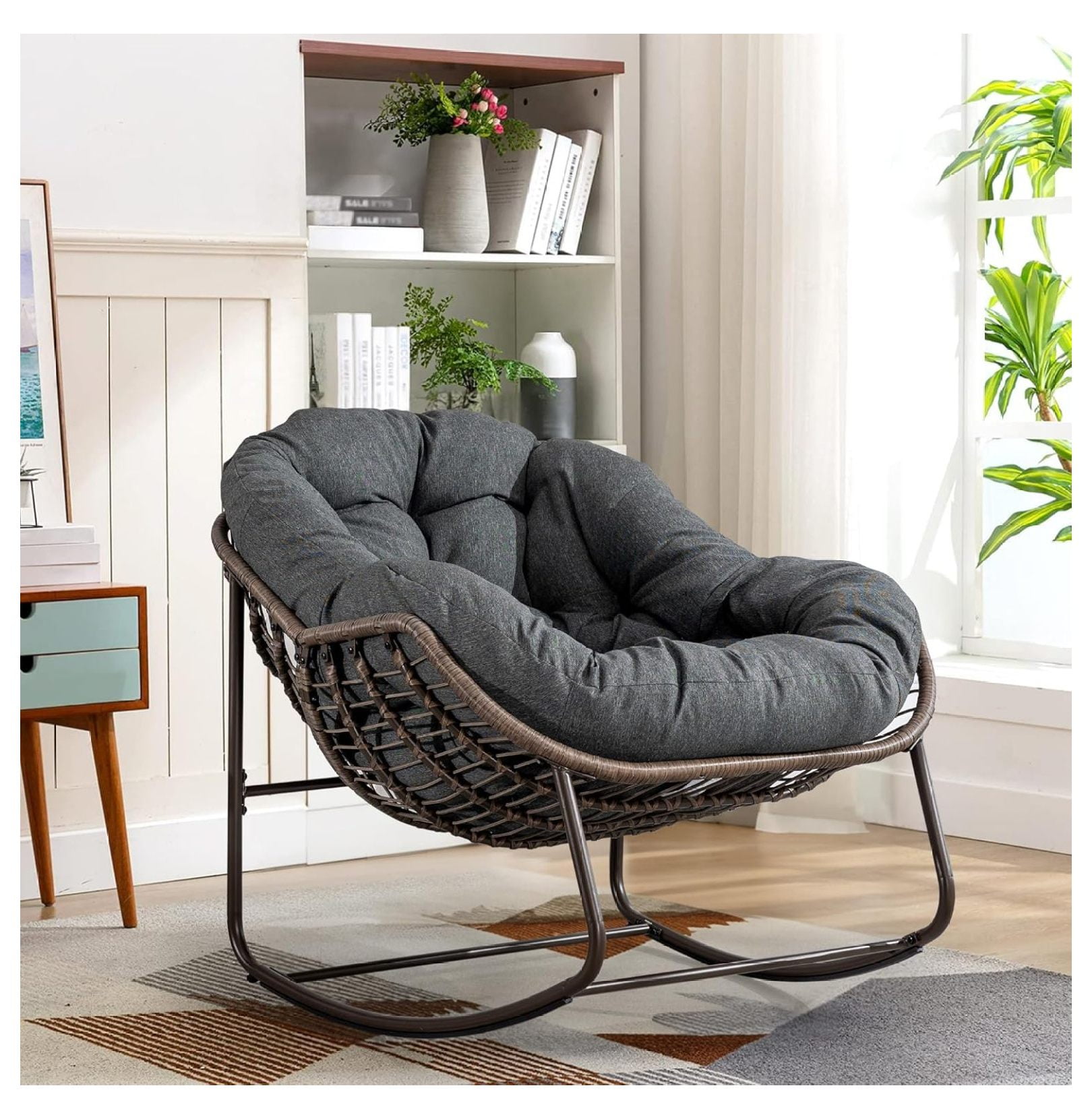 Outdoor Patio Rocking Chair, Oversized Papasan Chair with Cushion and ...