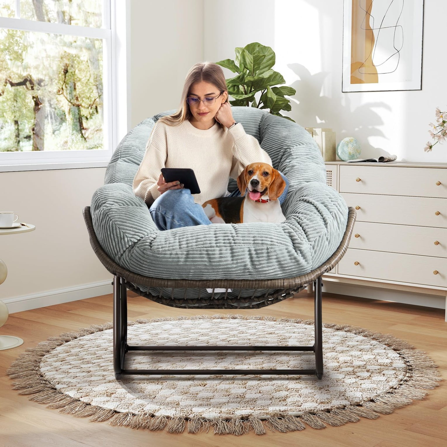 Outdoor Patio Rocking Chair, Oversized Papasan Chair with Padded ...