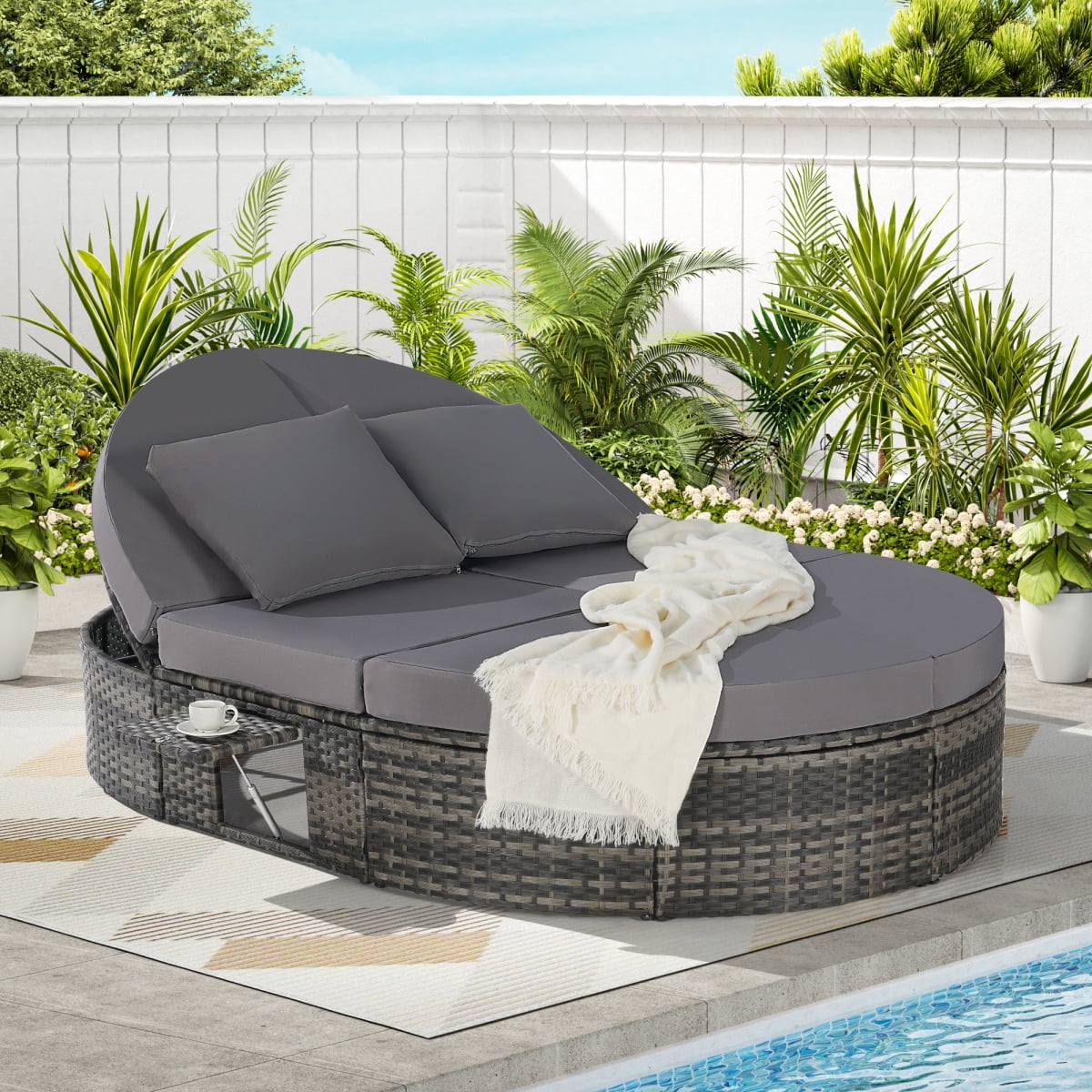 Outdoor Patio Round Daybed, Sun Bed with Adjustable Backrests and ...