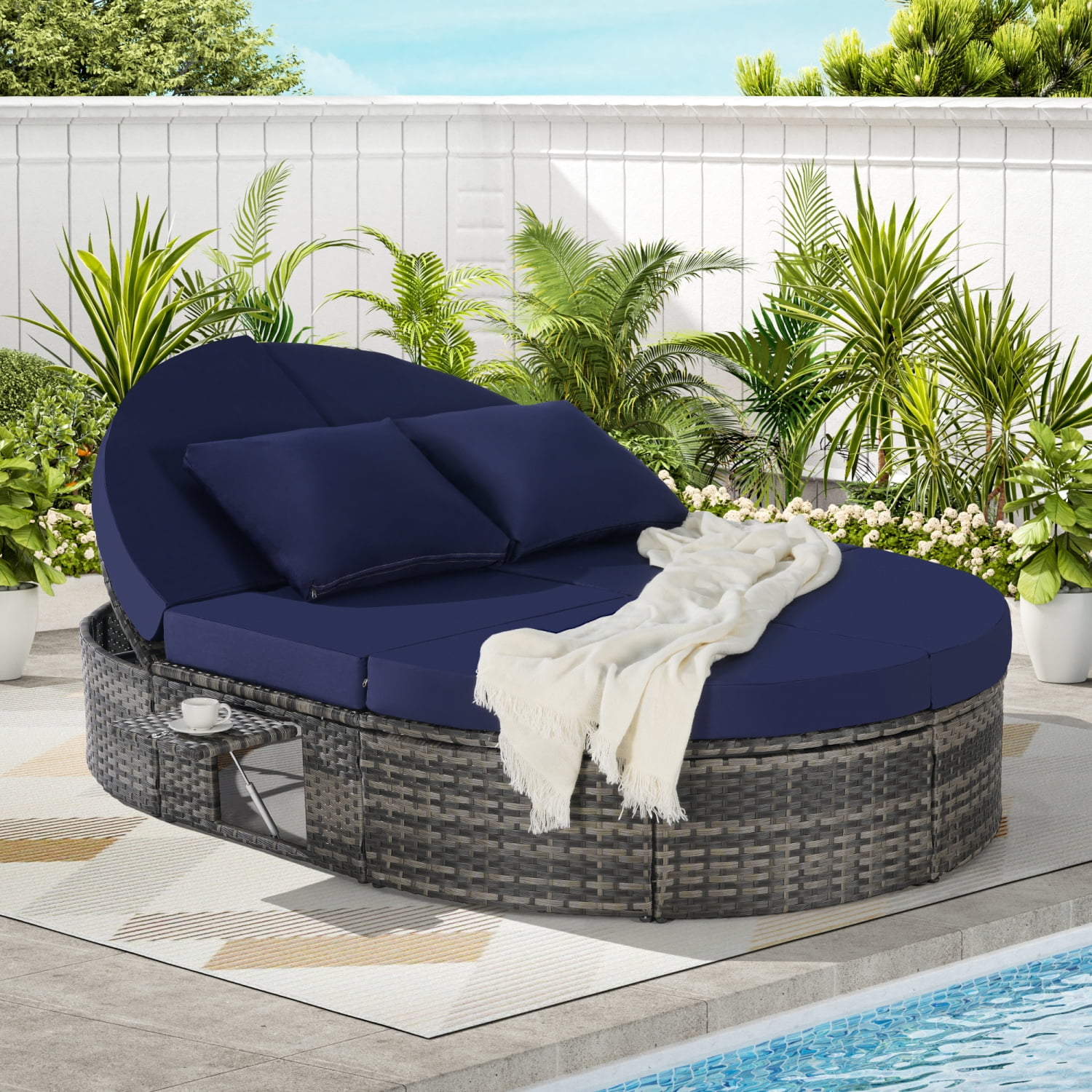 Outdoor Patio Round Daybed, Sun Bed with Adjustable Backrests and ...
