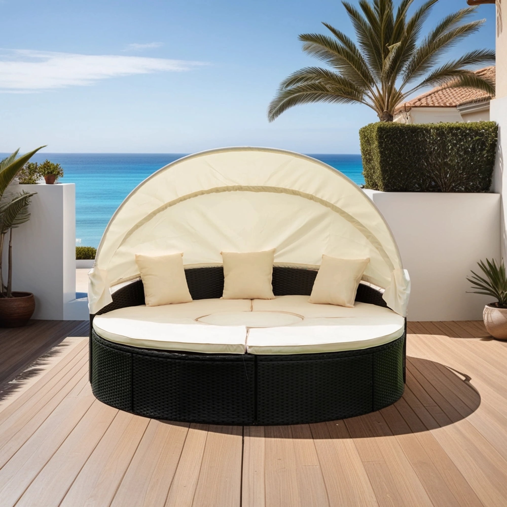 Outdoor Patio Round Daybed with Retractable Canopy Rattan Wicker ...
