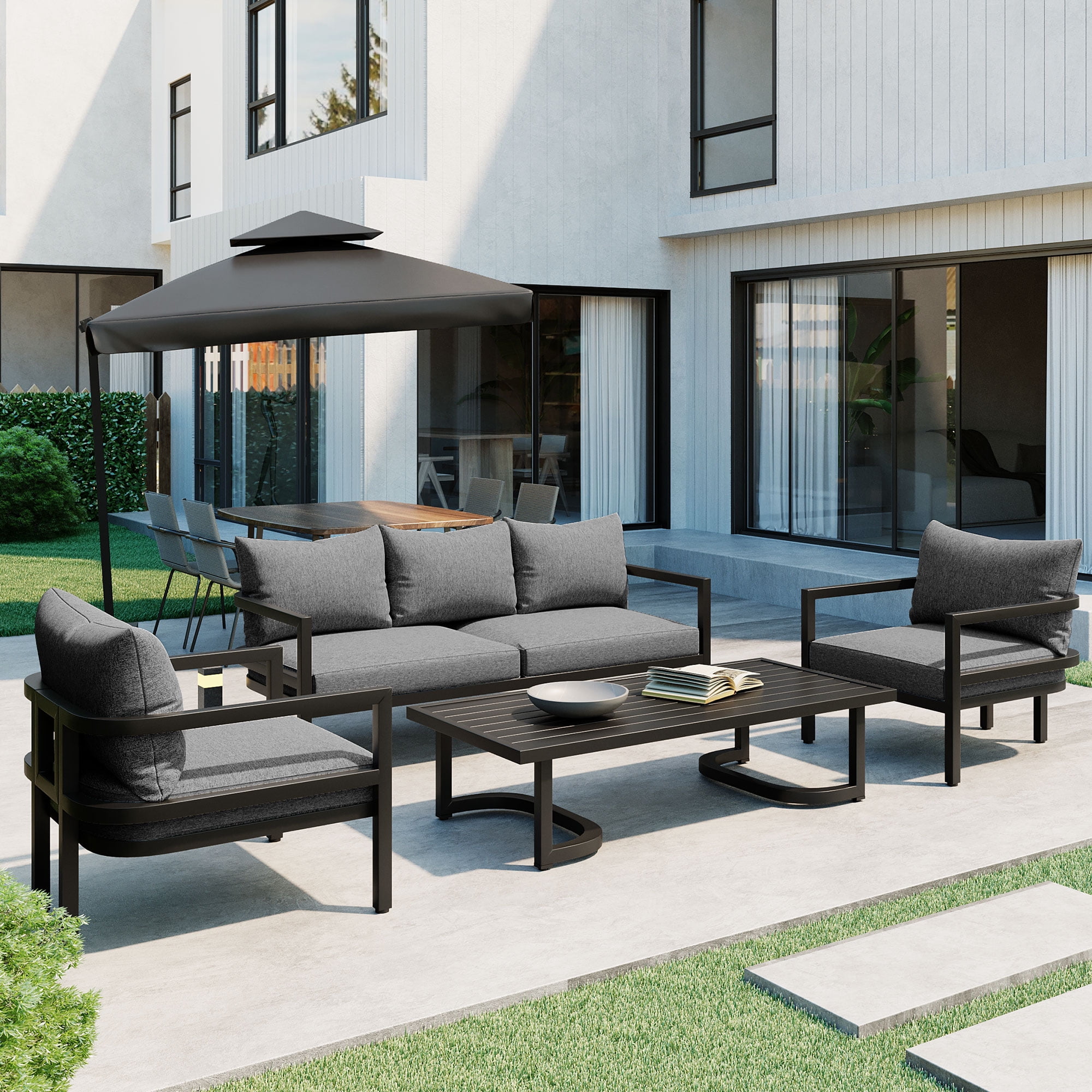 Outdoor Patio Set, Modern Steel Patio Conversation Sets with Sofa, Coffee Table, Cushions, All ...