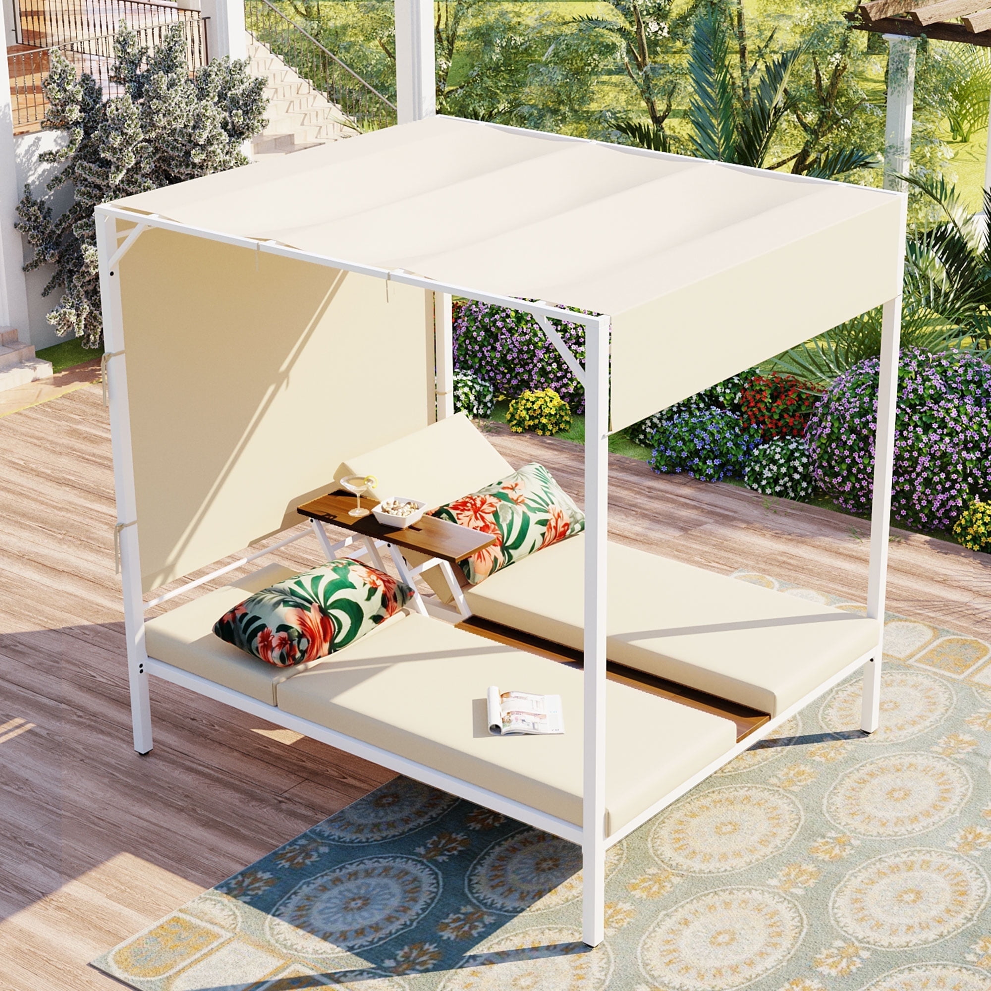 Outdoor Patio Sunbed Daybed with Canopy, Metal Sunbed with Adjustable ...