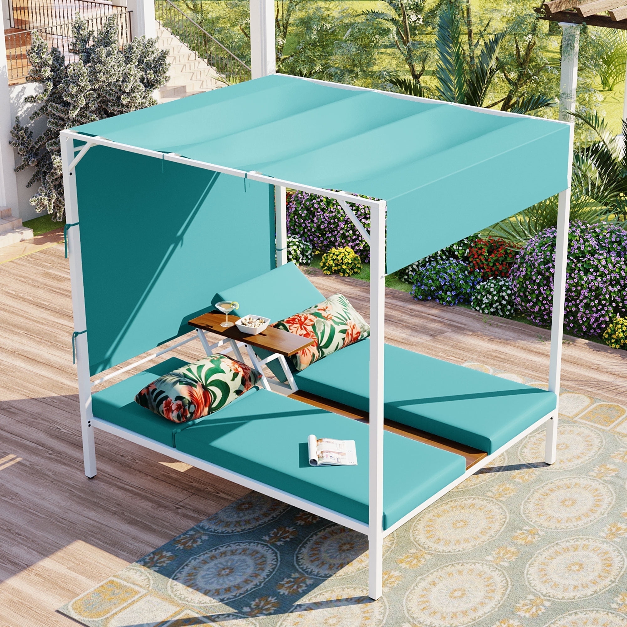 Outdoor Patio Sunbed Daybed with Canopy, Metal Sunbed with Adjustable ...