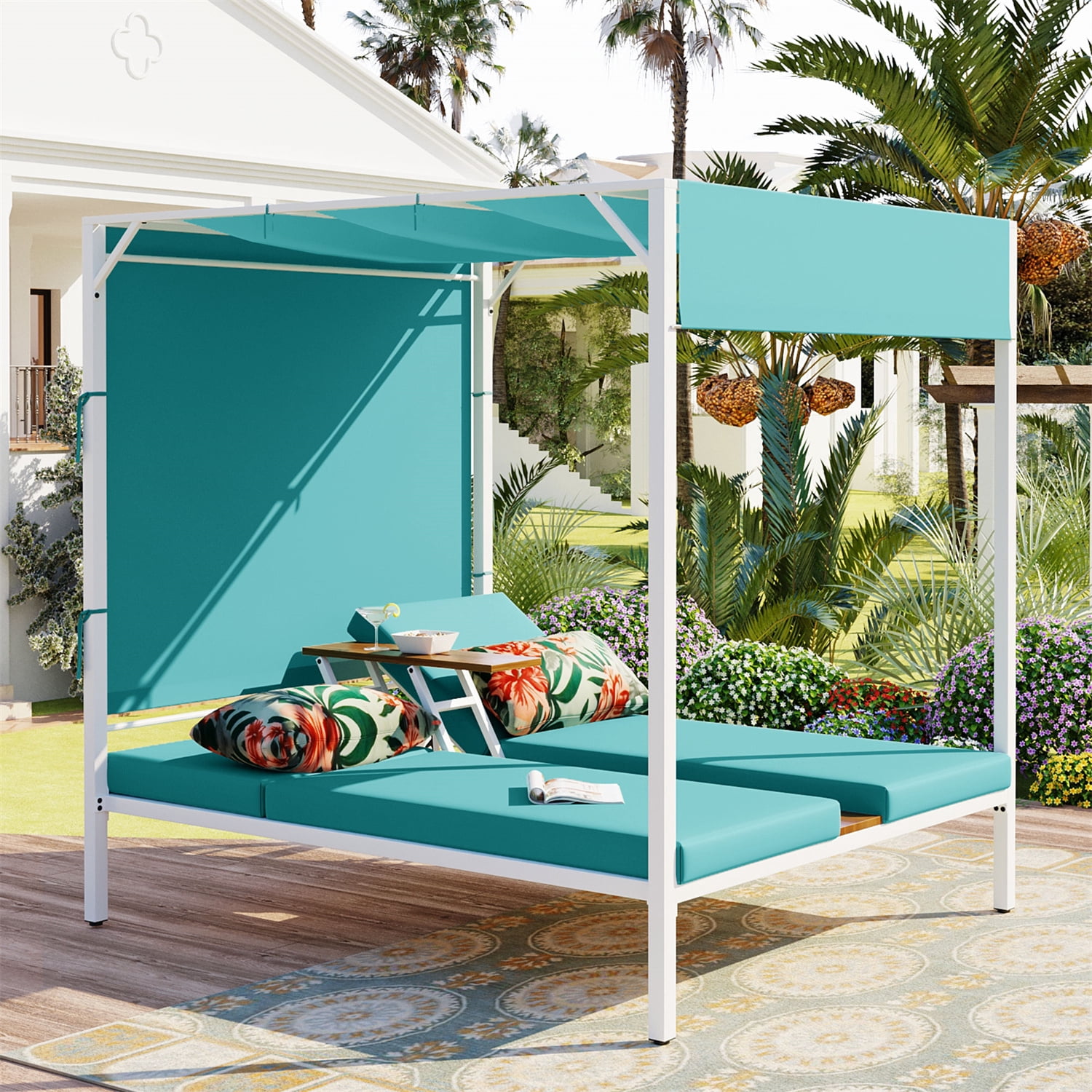 Outdoor Patio Sunbed Daybed with Canopy and Adjustable Seats, Patio ...
