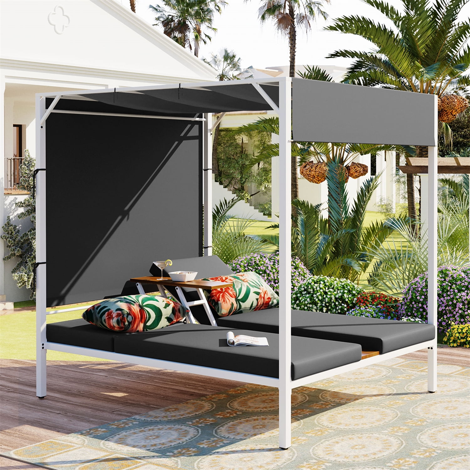 Outdoor Patio Sunbed Daybed with Canopy and Adjustable Seats, Patio ...