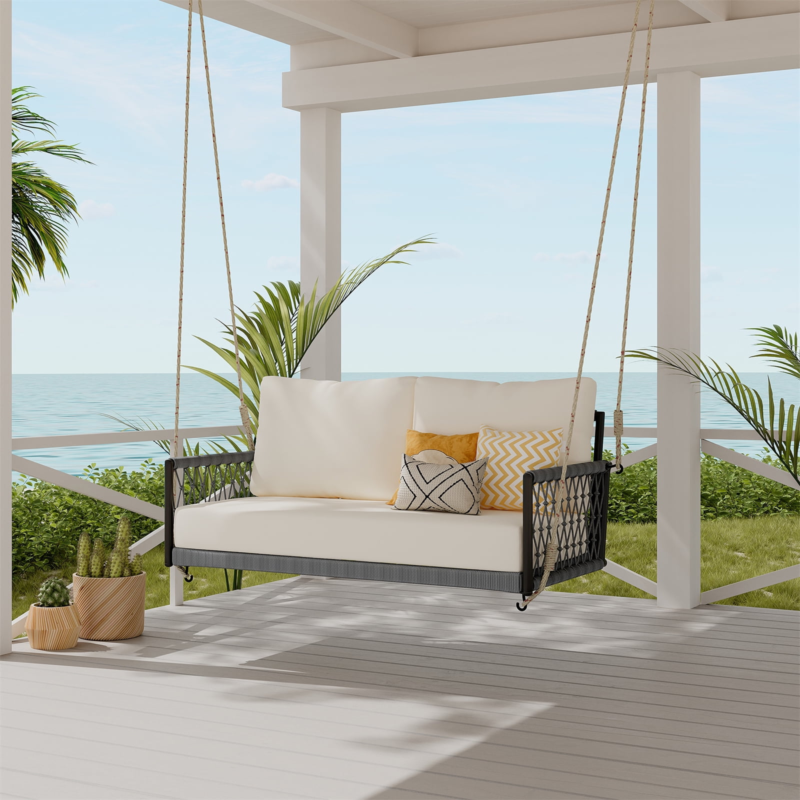 Outdoor Patio Swing Sofa, 2 Seat Swing Sofa with Soft Cushions, Woven ...