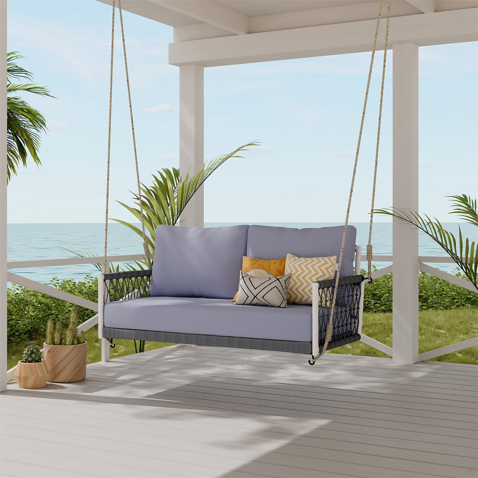 Outdoor Patio Swing Sofa, 2 Seat Swing Sofa with Soft Cushions, Woven ...