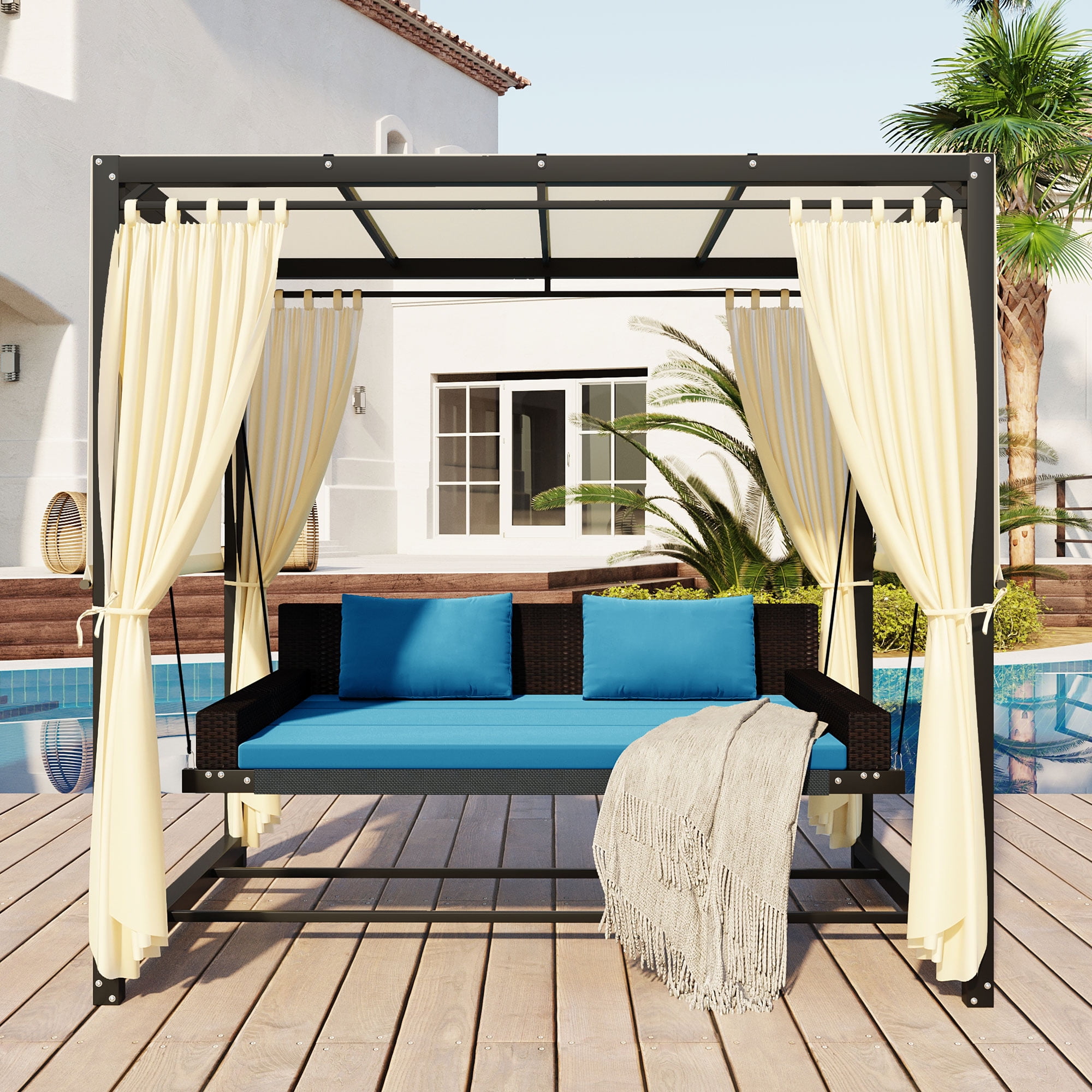 Outdoor Patio Swings Bed, Black Metal Upholstered Sunbed with Adjustable Curtains and Blue ...