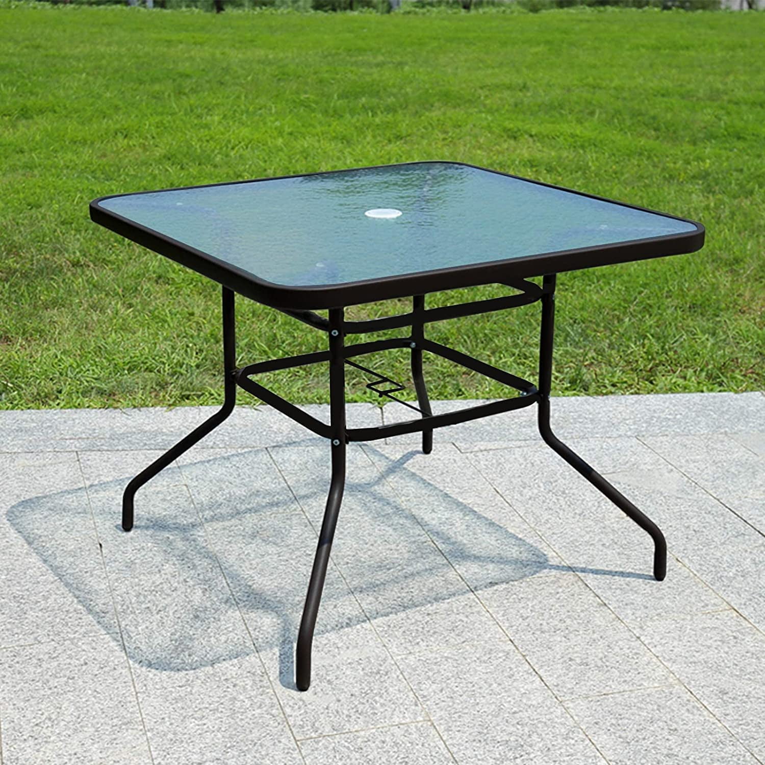 Seizeen Outdoor Patio Table, Steel Frame, Tempered Glass Top, 31.5 ...