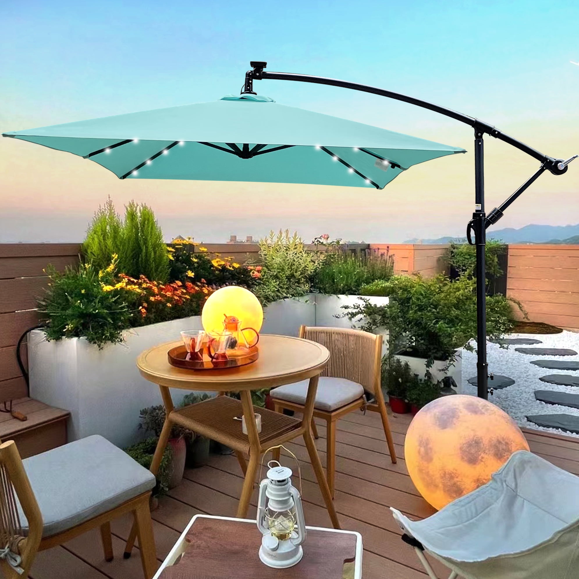 Outdoor Patio Umbrella, Solar Sun Shade with Powered LED Lighted, Crank ...