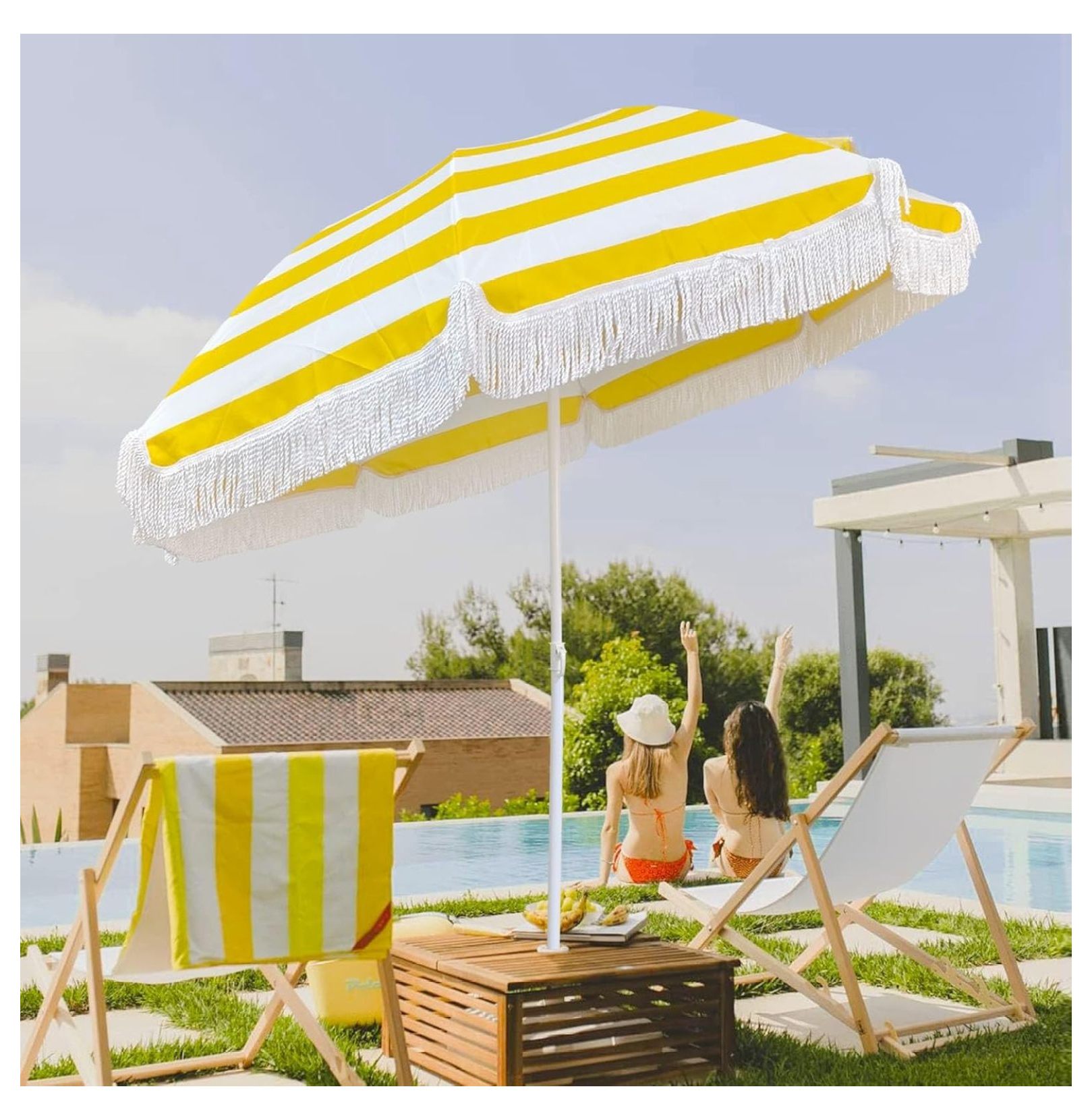 Outdoor Patio Umbrella With Fringe Holiday Beach Umbrella Yellow And ...
