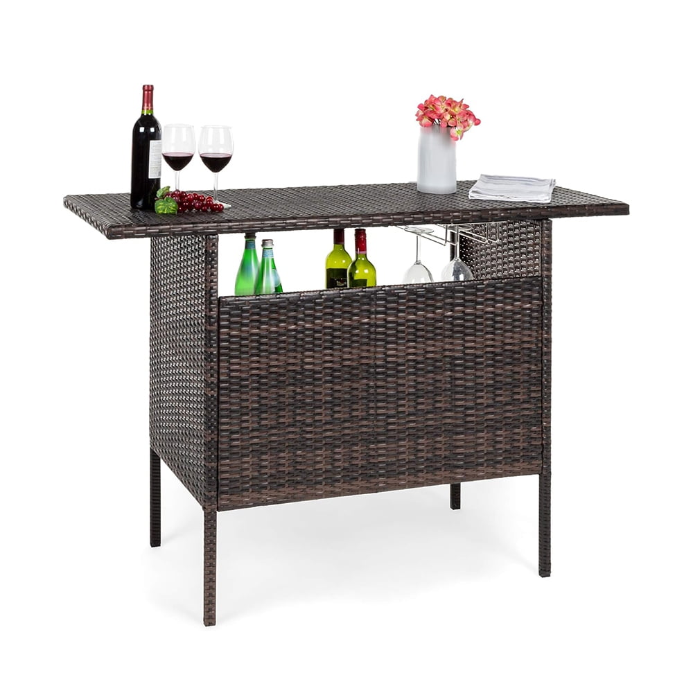 Outdoor Patio Wicker Bar Counter Table Backyard Furniture w/ 2 Steel ...