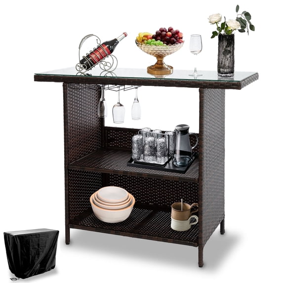 Outdoor Patio Wicker Bar Counter Table Tempered Glass Tabletop w ...