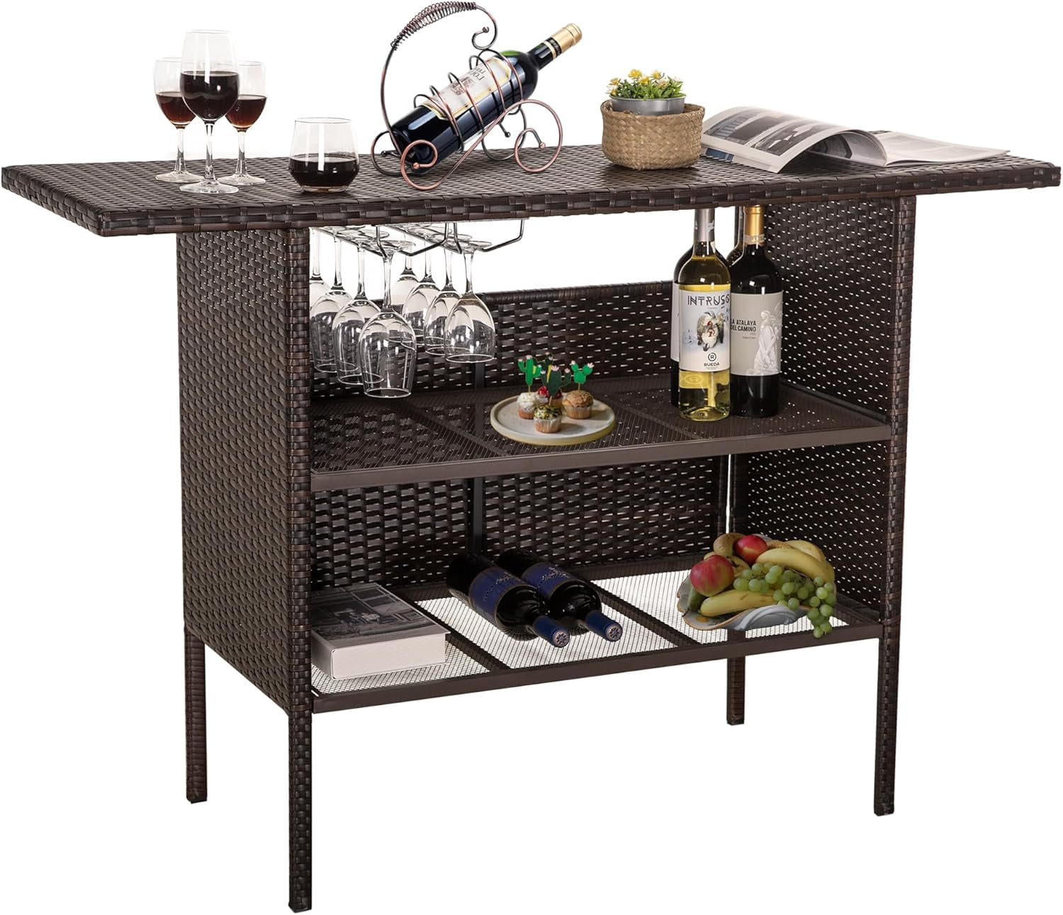 Outdoor Patio Wicker Bar, Rattan Counter Table with 2 Storage Shelves ...