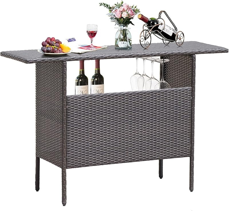 Outdoor Patio Wicker Bar Table, Rails for Hanging Wine Glasses, Heavy ...