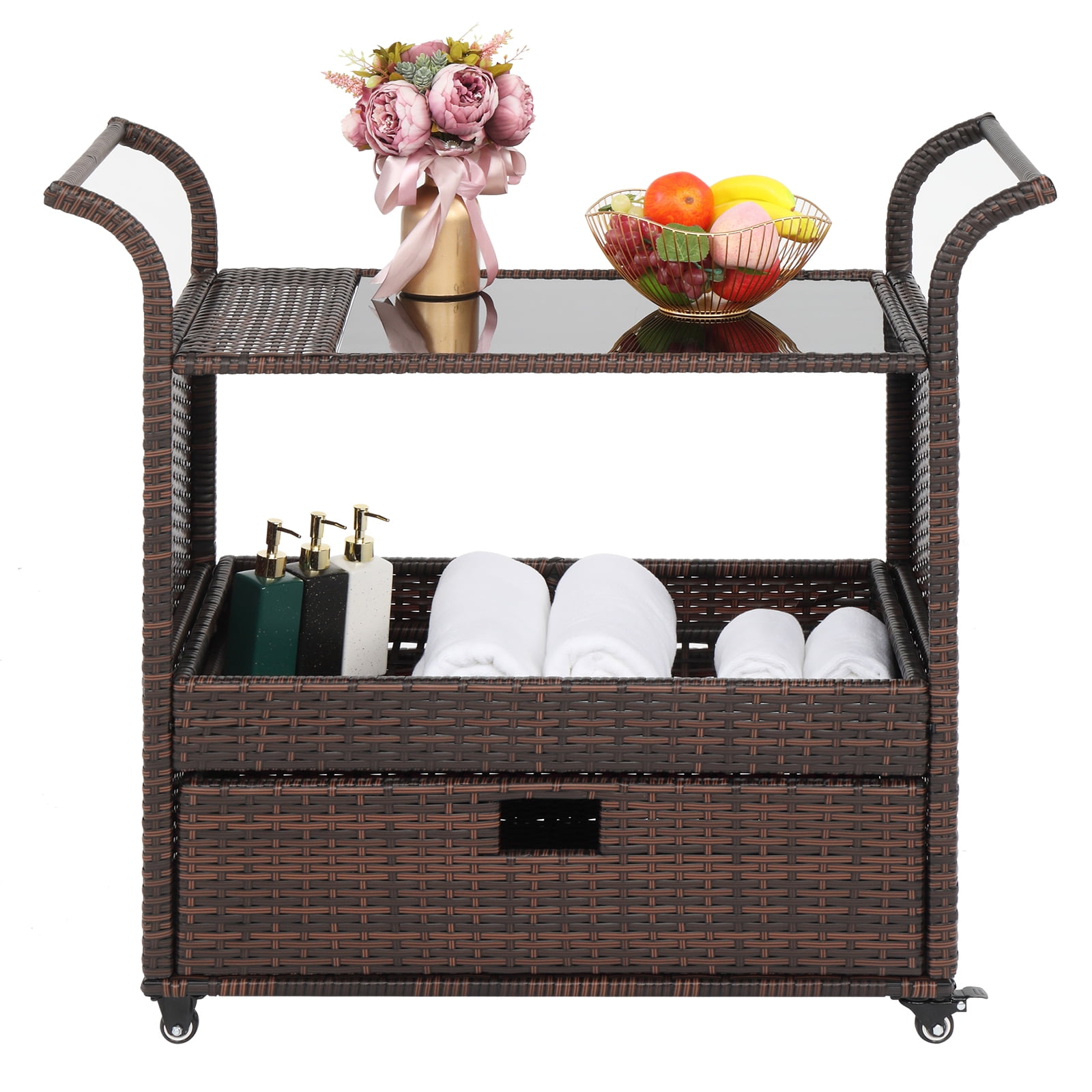 Outdoor Patio Wicker Rattan Serving Bar Cart with Wheels - Brown ...