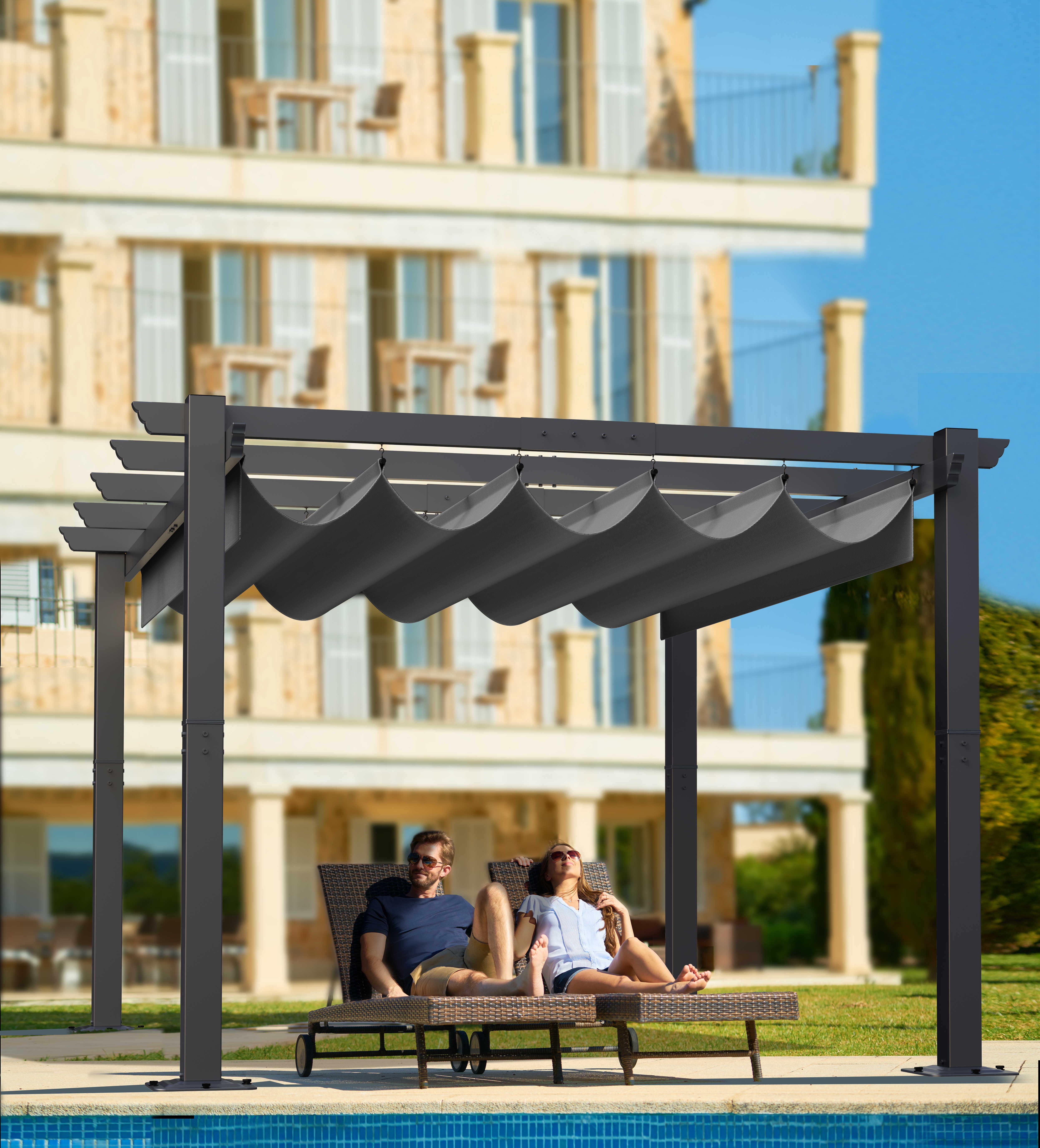 Outdoor Pergola with Retractable Sun Shade Canopy, Aluminum Garden ...