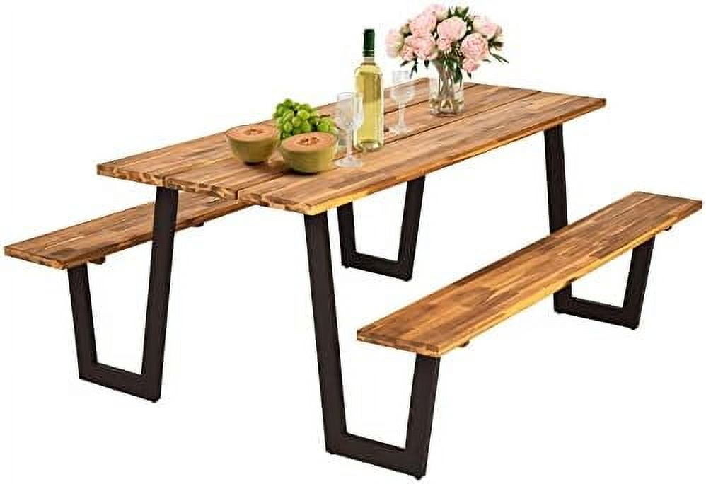 Outdoor Picnic Table Bench Set with Wooden Top & Steel Frame, Patio ...