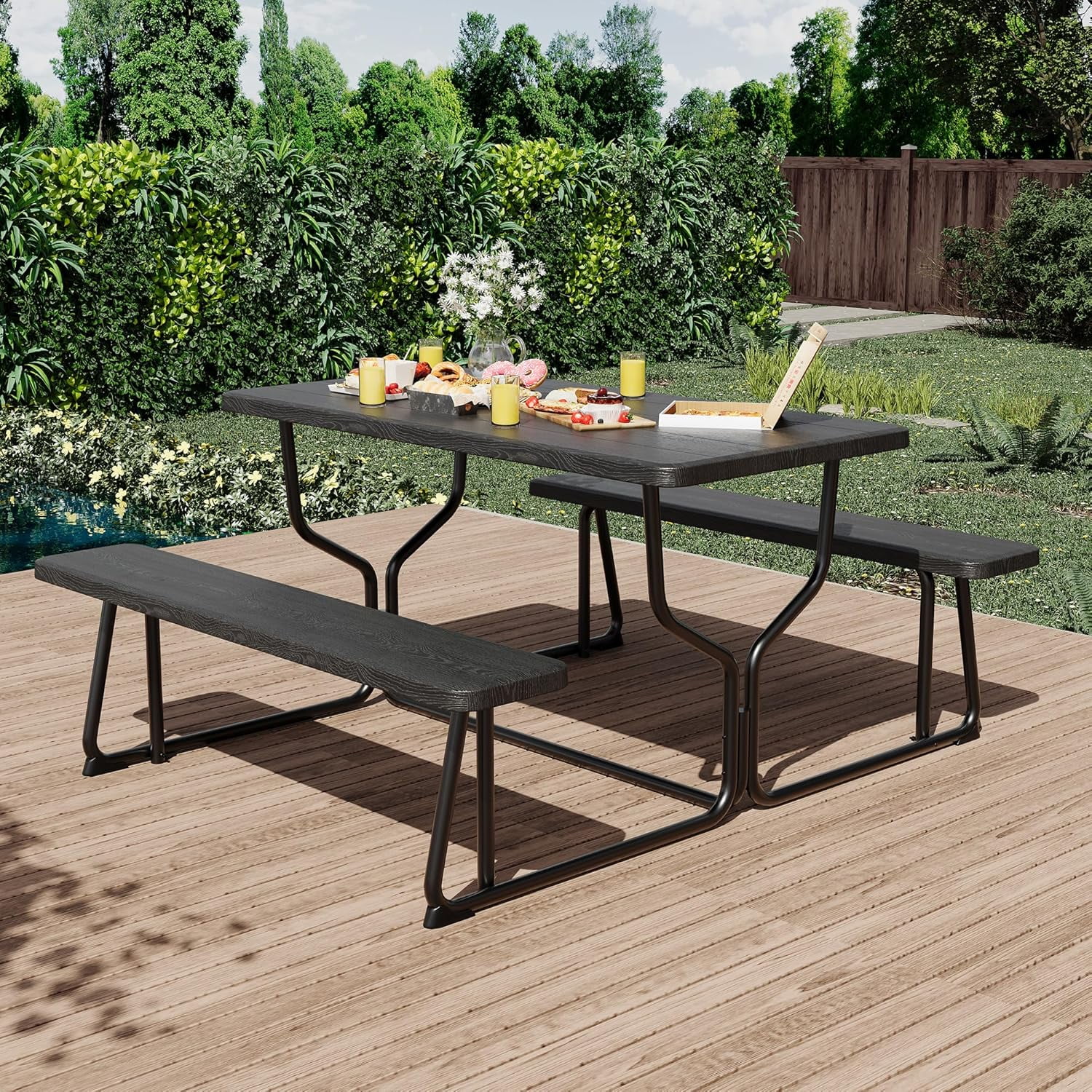 Outdoor Picnic Table with Benches, Portable Heavy Duty Wood-Like All ...