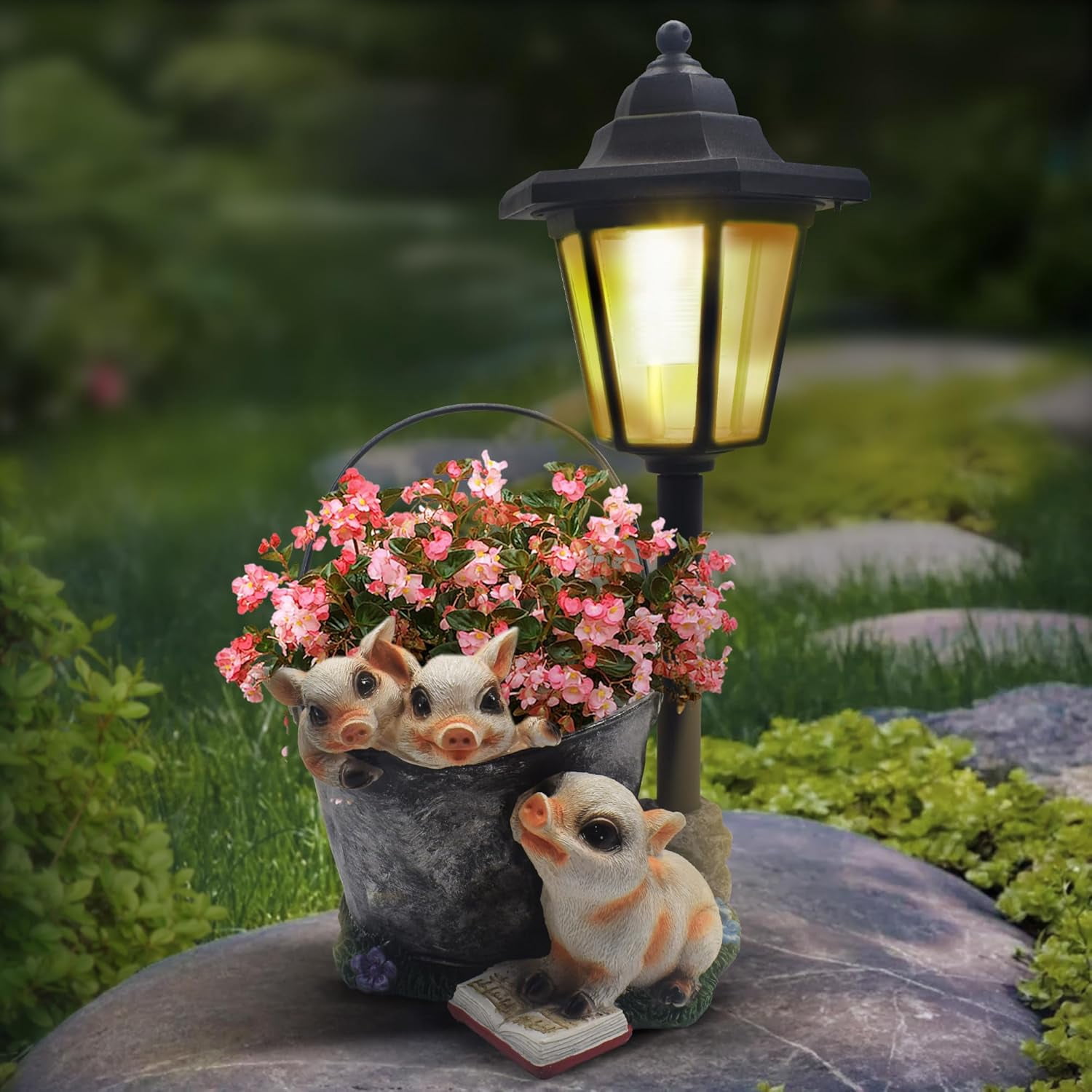 Outdoor Pigs Statues Solar Sculptures with Solar Lights and Flowerpot ...