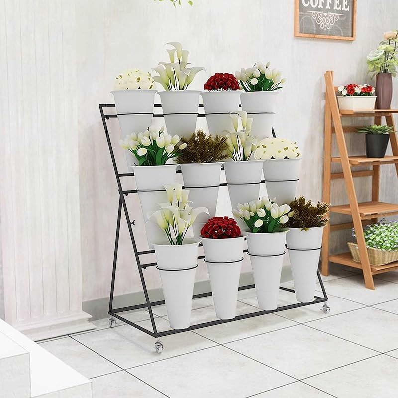Outdoor Plant Stand Flower Display Stands, 3 Layers Moving Wrought Iron ...