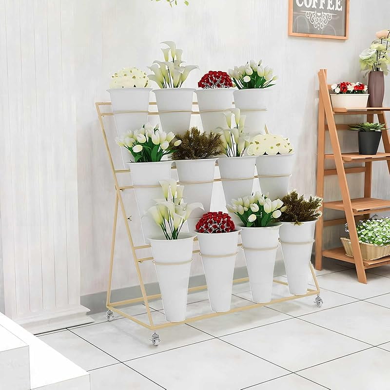 Outdoor Plant Stand Flower Display Stands, 3 Layers Moving Wrought Iron ...