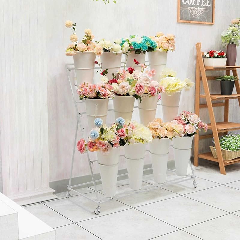 Outdoor Plant Stand Flower Display Stands, 3 Layers Moving Wrought Iron ...