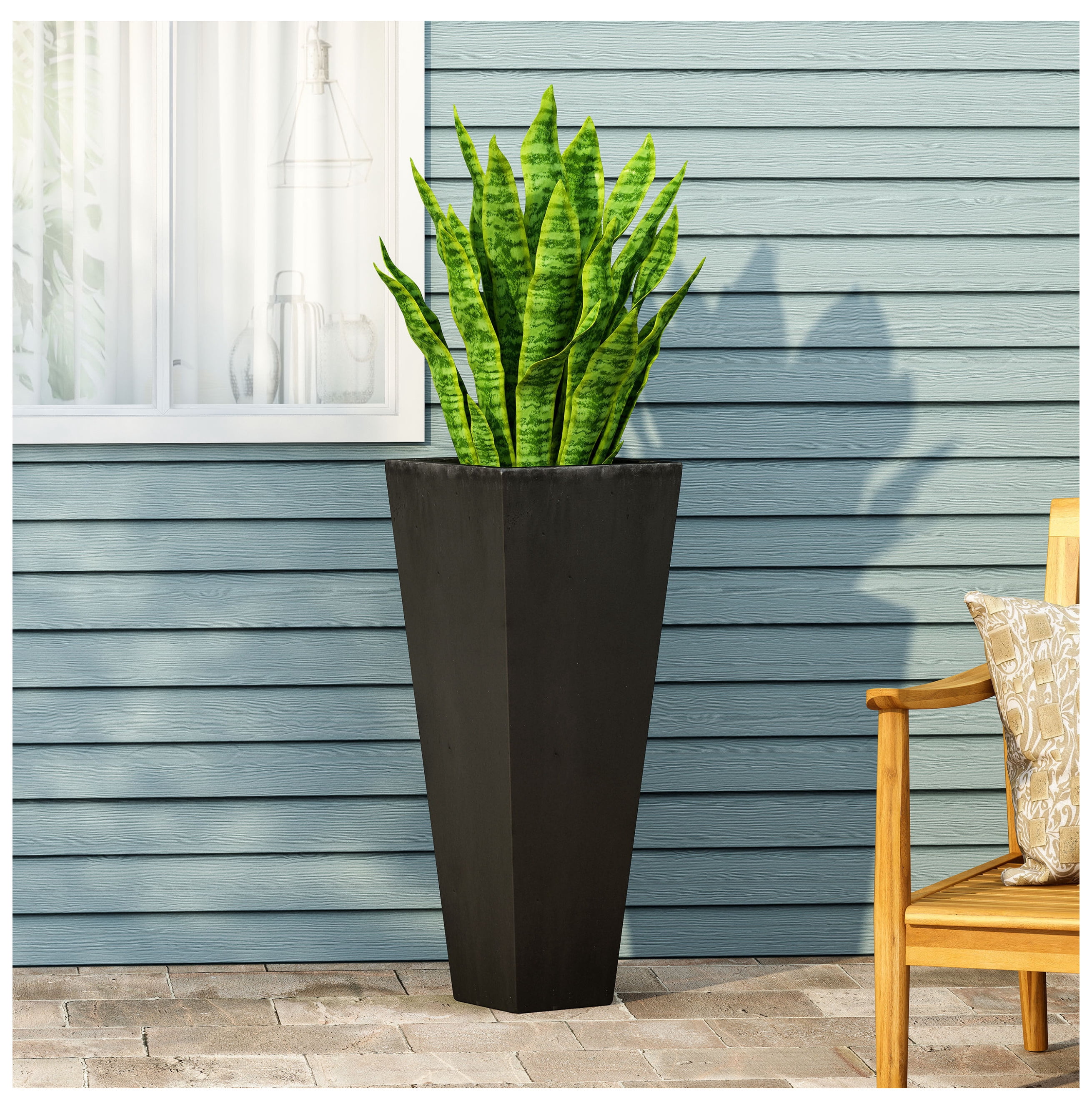 Outdoor Planter 13x13x24.75in, Modern Cast Stone Plant Pot - Black ...