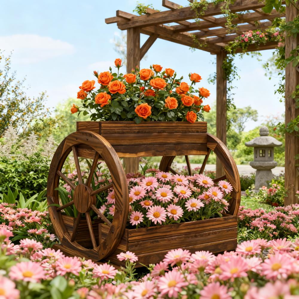 Outdoor Planter, Wooden Wagon Planter Box, 3-Tier Raised Garden Bed ...