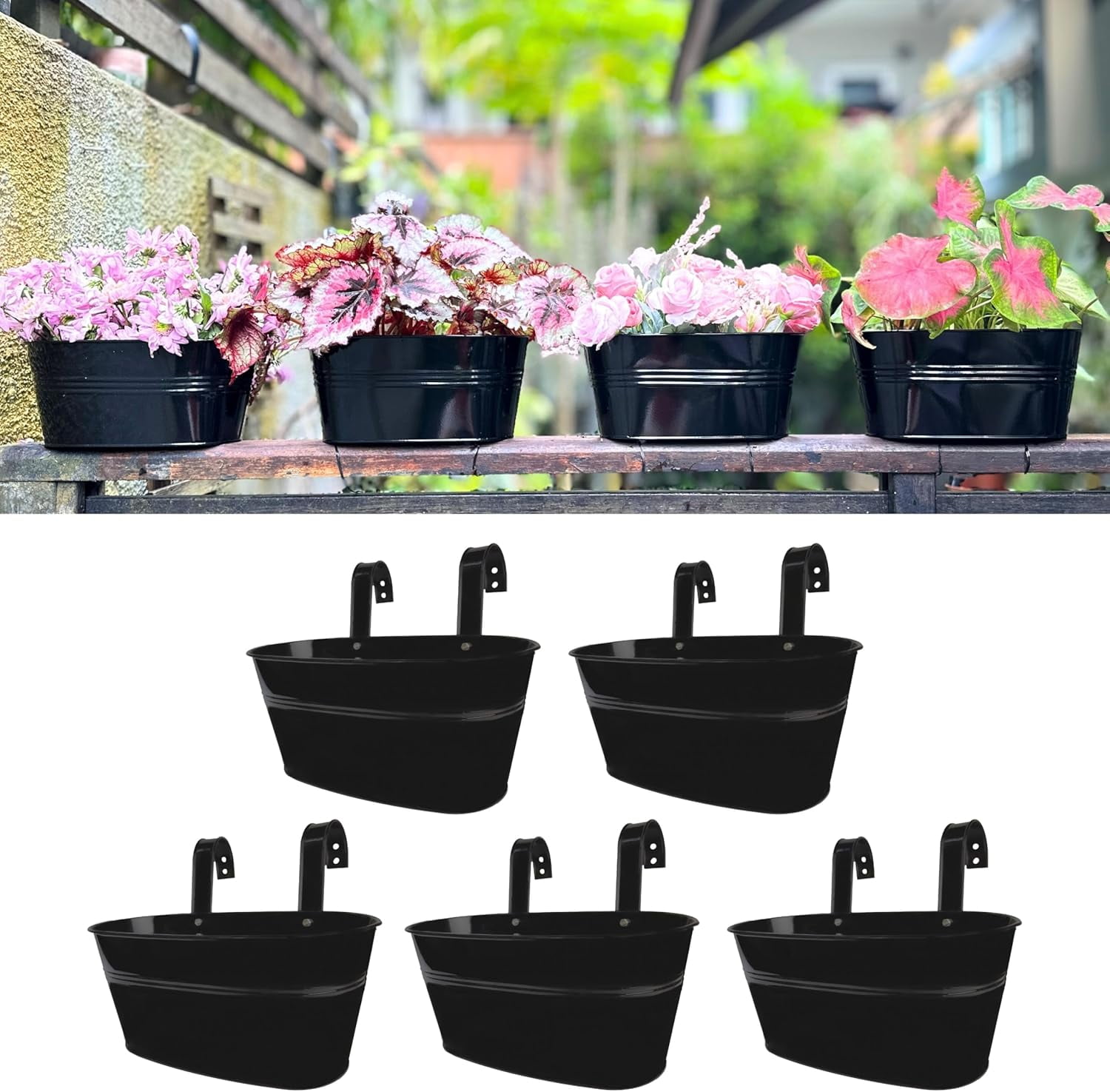 Outdoor Plants Rail Planter (11.2 Inch, 5 Pack) Black Metal Iron ...